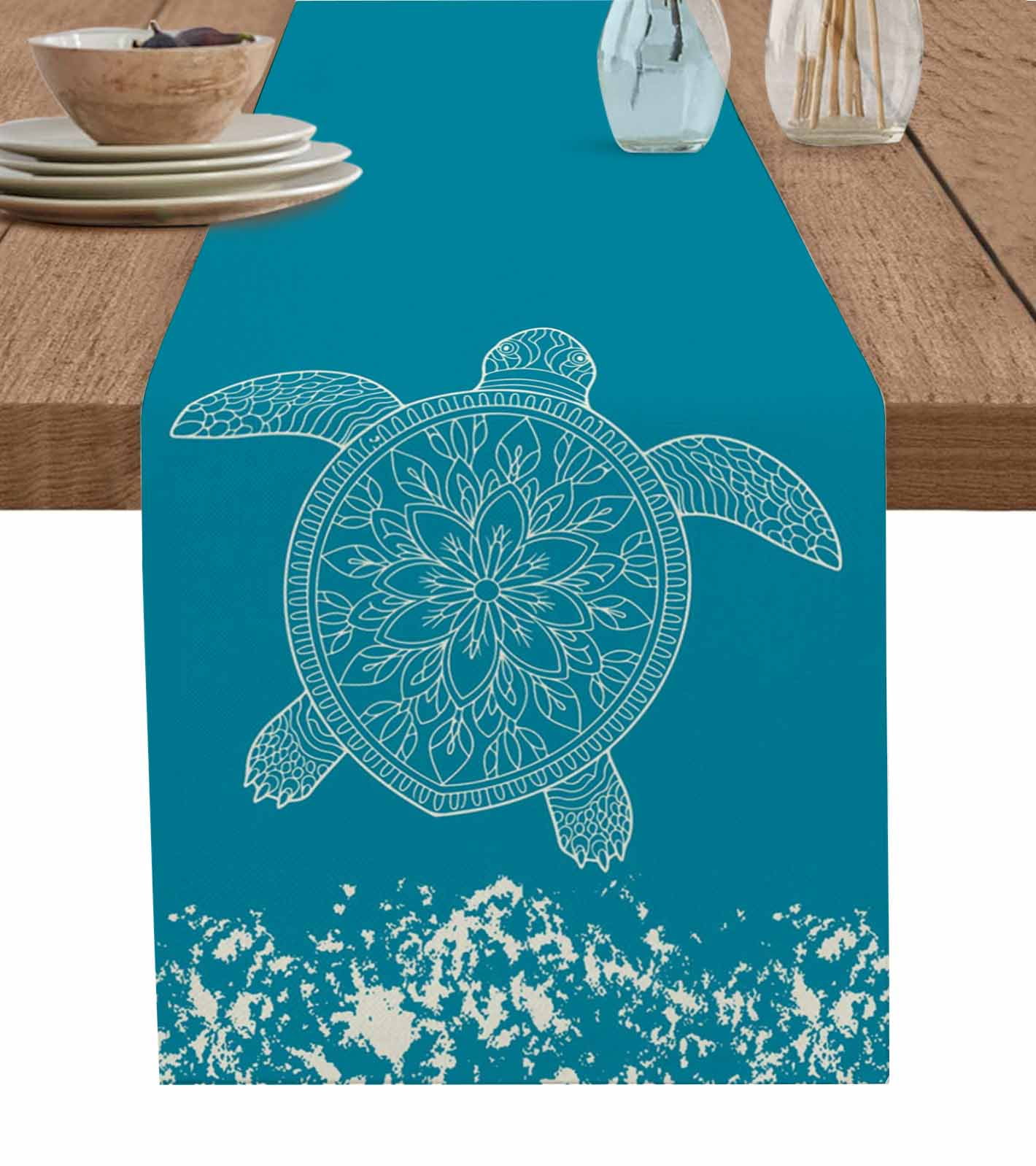 Turtle Turquoise Table Runner 72 Inches, Coastal Ocean Boho Flower ...