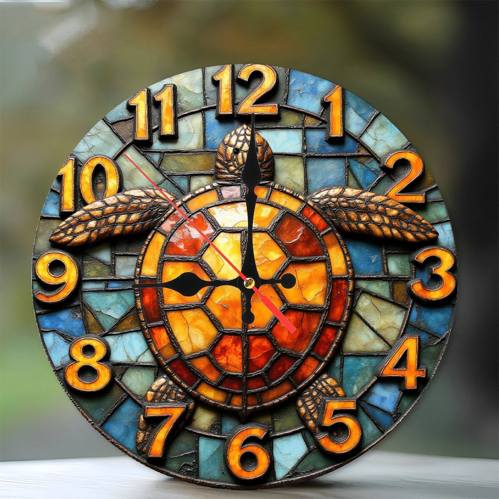 Turtle Wall Clock Stained Glass Decor Home Art Piece 10-Inch Silent ...