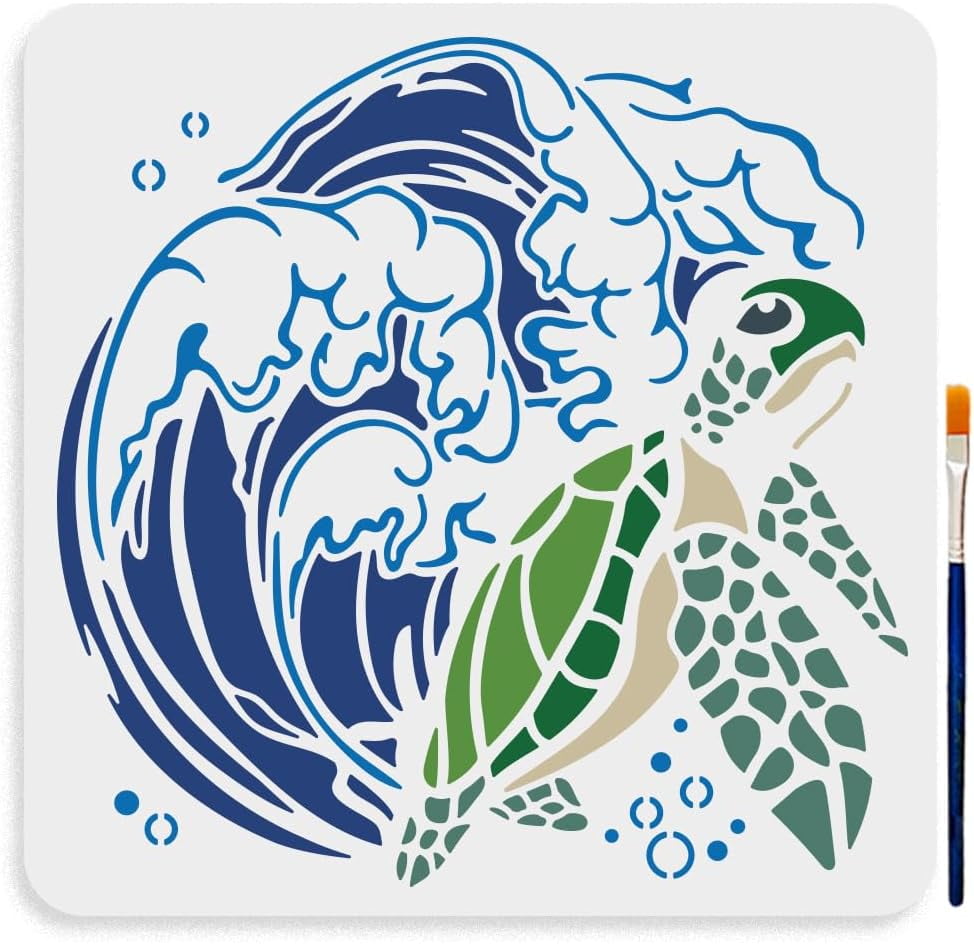 Turtle Waves Stencil 11.8×11.8inch Large Sea Ocean Turtle Stencil ...