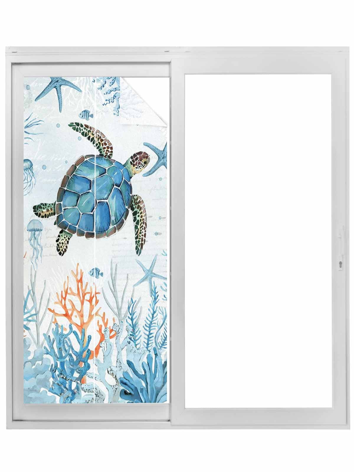 Turtle Window Privacy Film, Blue Coastal Starfish Ocean Coral Nautical ...