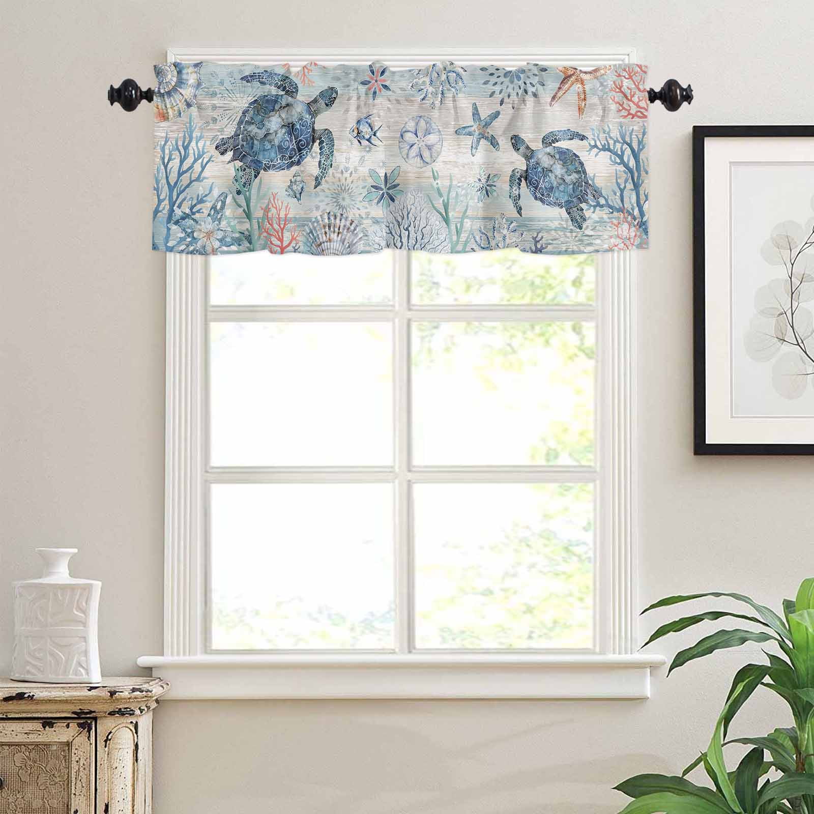 Turtle Window Valances for Kitchen, Ocean Starfish Conch Summer Wood ...