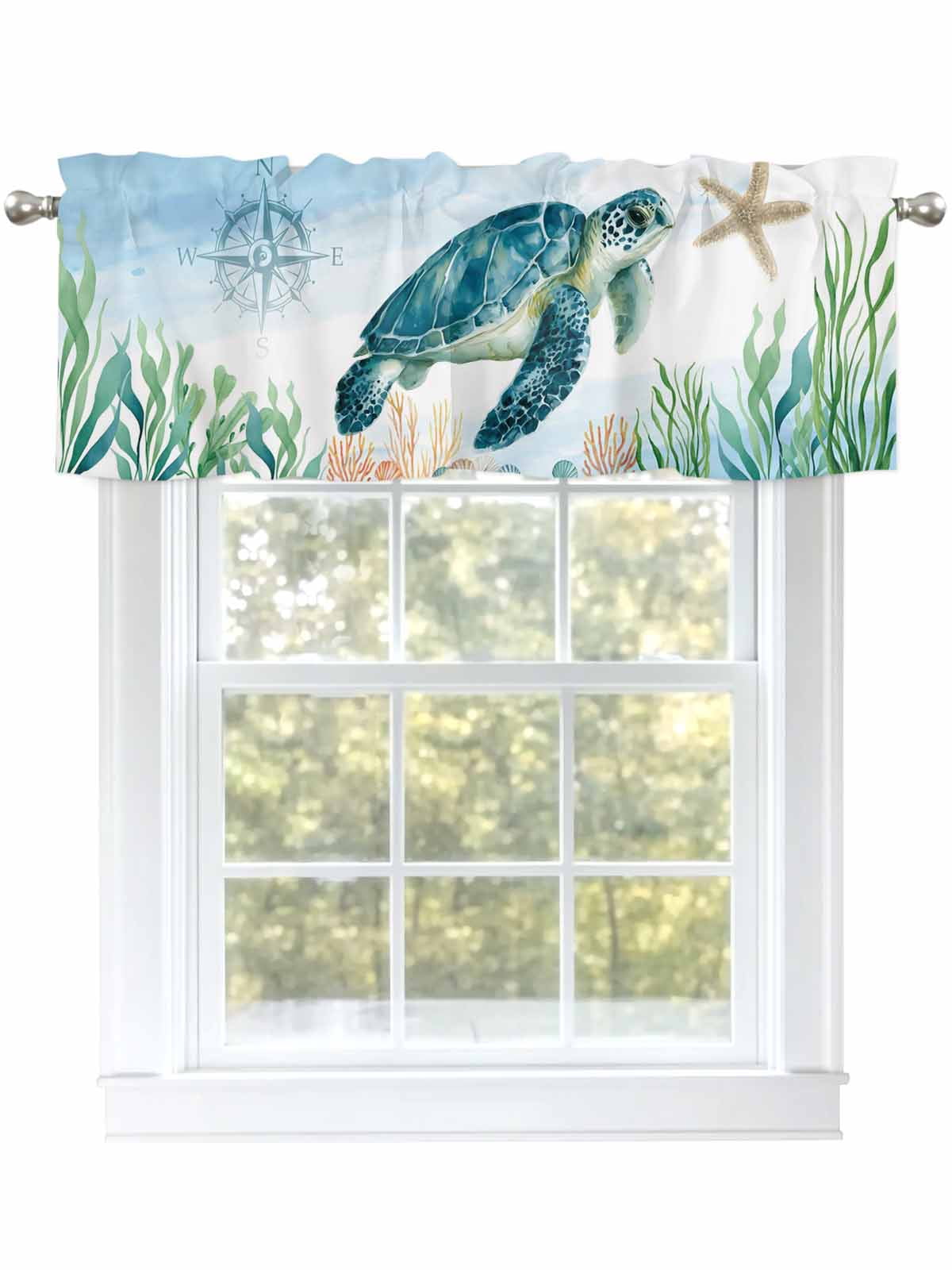 Turtle Window Valances for Kitchen, Ocean Starfish Seagrass Compass ...
