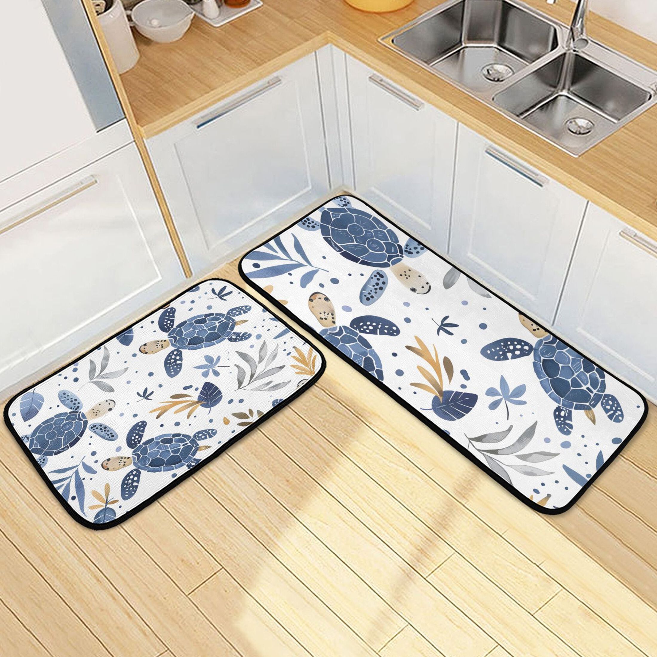 Turtle and Leaves Kitchen Rugs Set of 2 Non Slip Floor Foam Mat ...