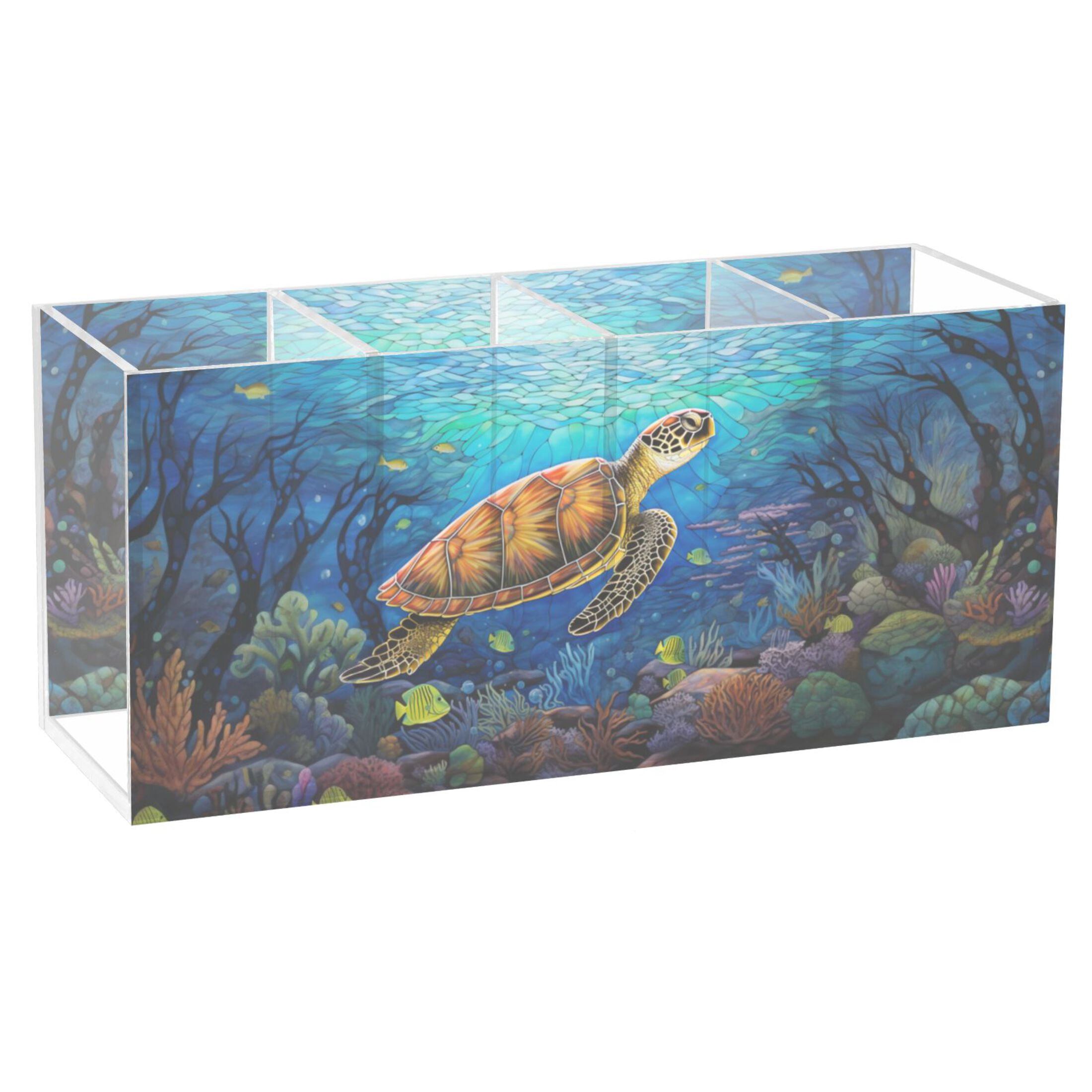 Turtle in Ocean Acrylic Pen Holder Cup 4 Compartments Clear Pencil ...