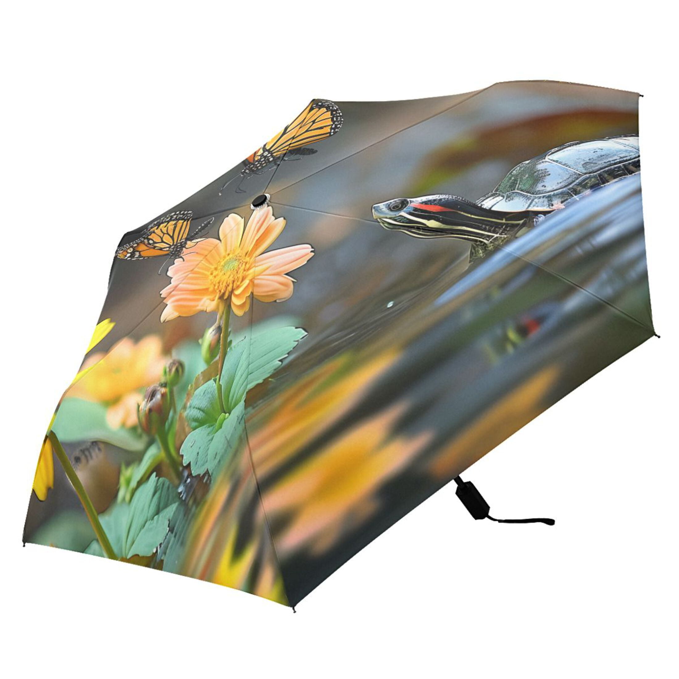 Turtle in Sea Floral Butterfly Compact Folding Umbrella for Rain ...