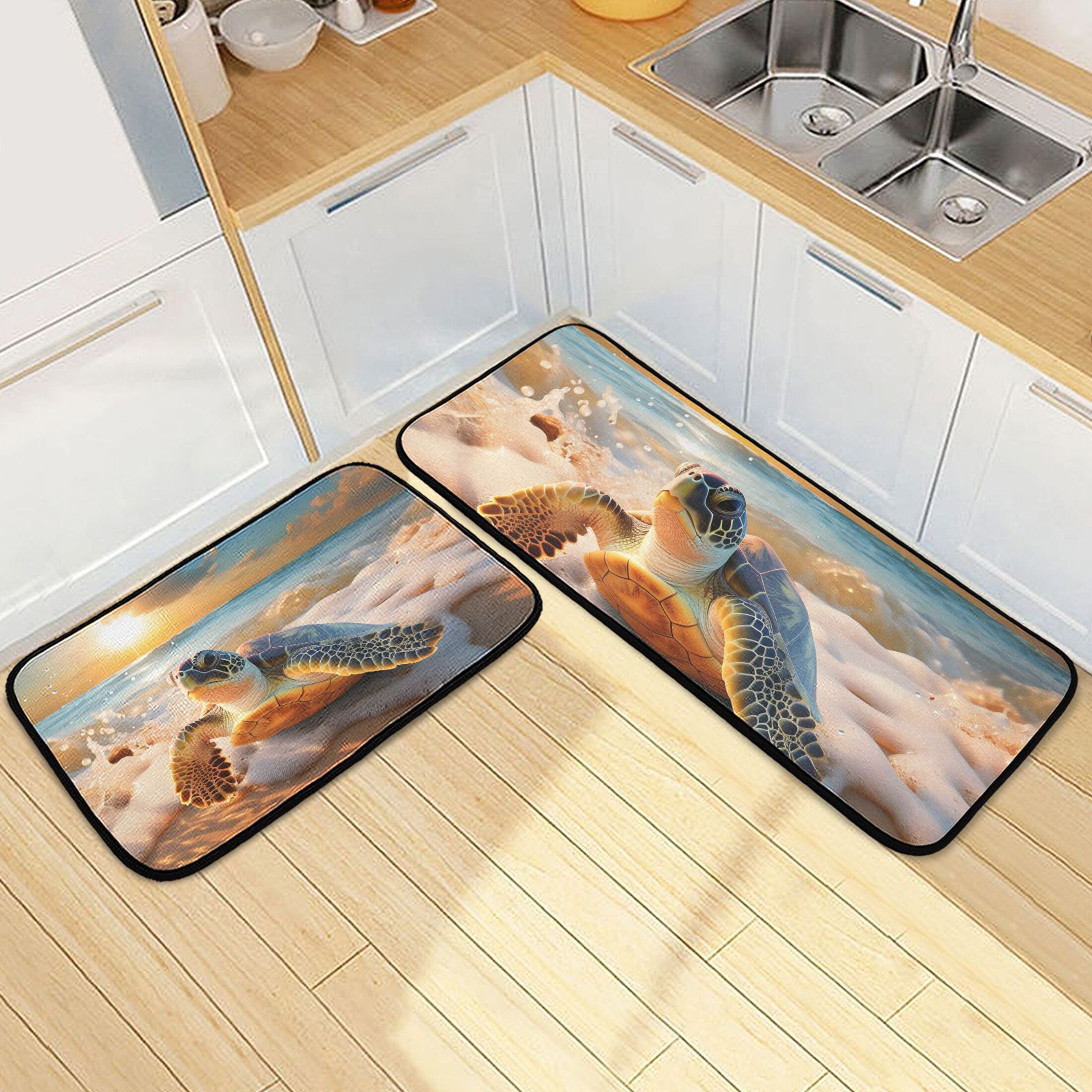 Turtle on Sunset Beach Kitchen Rugs Set of 2 Non Slip Floor Foam Mat ...