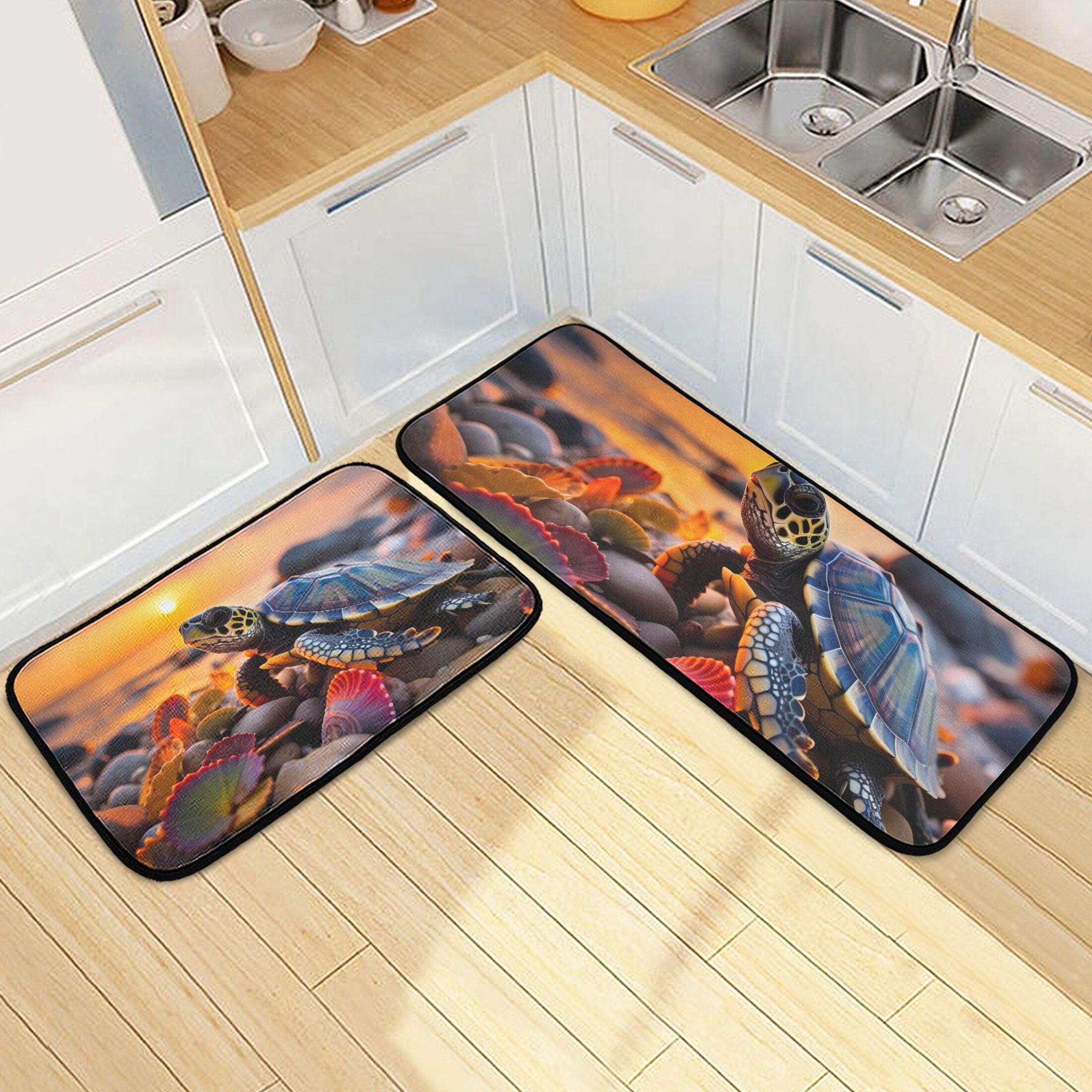 Turtle with Sunset Kitchen Rugs Set of 2 Non Slip Floor Foam Mat ...