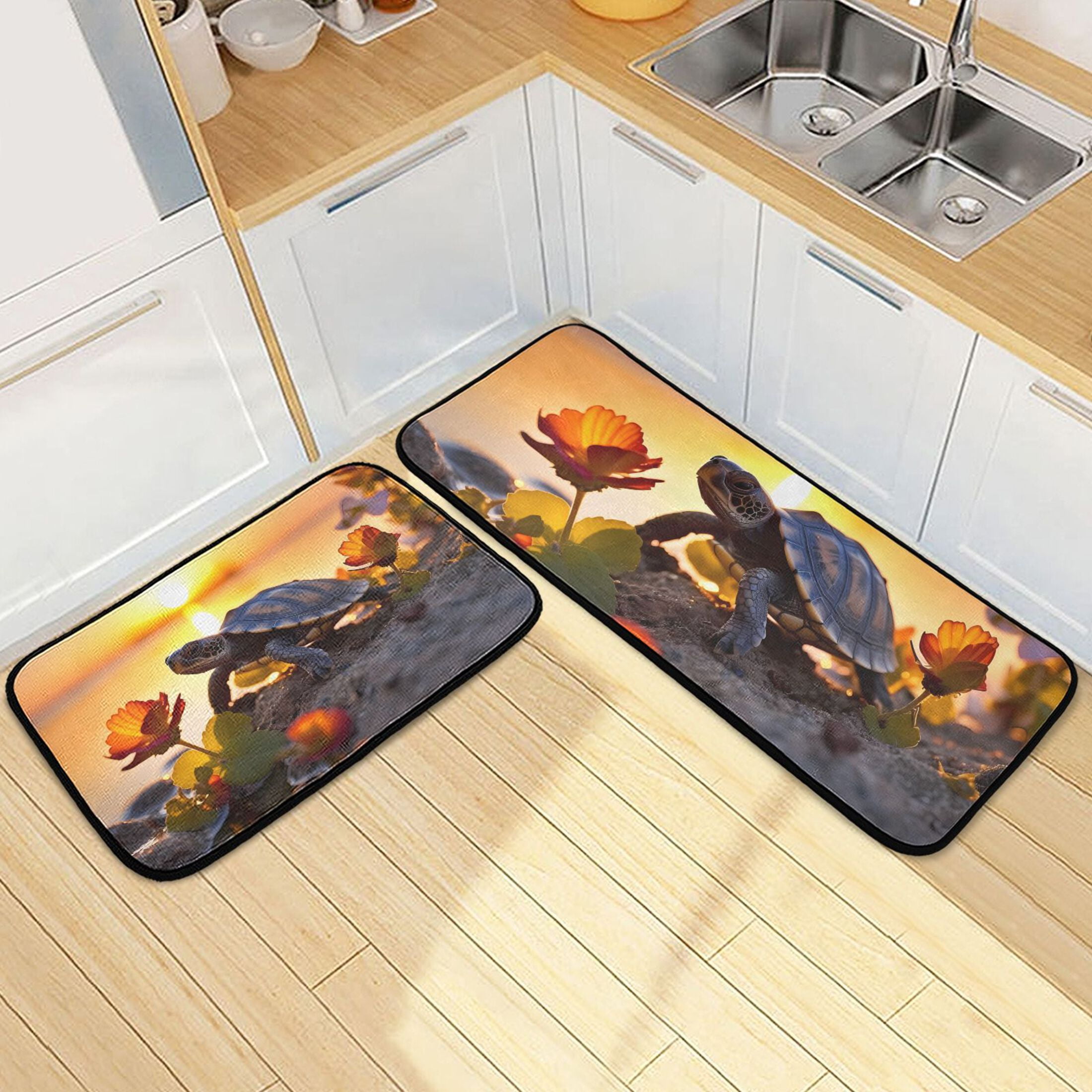 Turtle with Sunset Kitchen Rugs Set of 2 Non Slip Floor Foam Mat ...