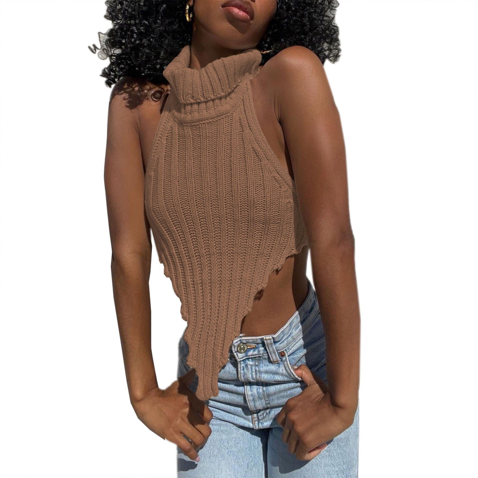 Irregular Hem, Open Back, Halter Blouse Light Tan Backless Knit ...