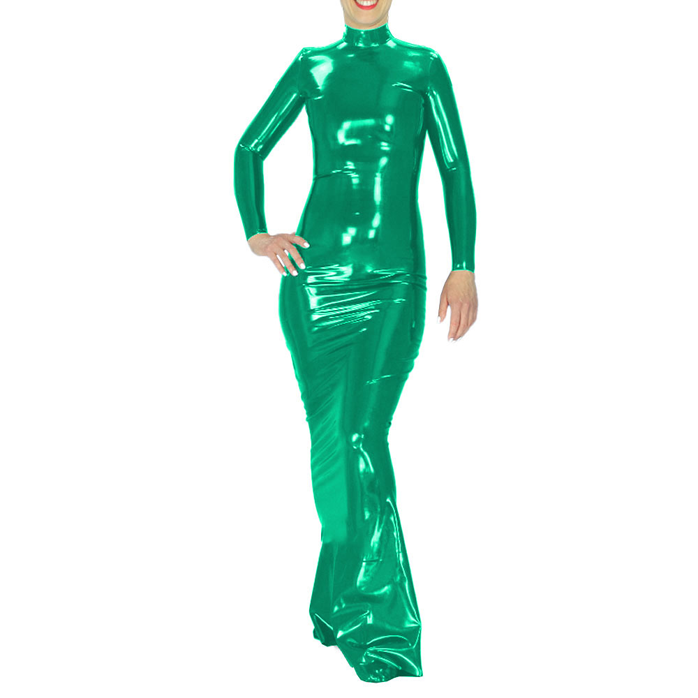 Turtleneck Ladies Bodycon Long Dress Nightclub Slim Fit Long Sleeve PVC ...