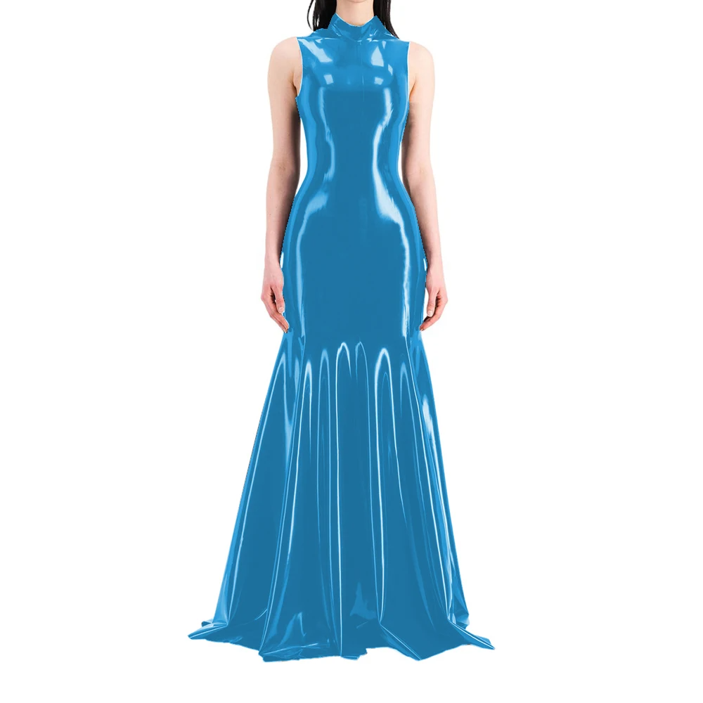 Turtleneck Sleeveless Solid Color PVC Maxi Dress Elegant Bodycon ...