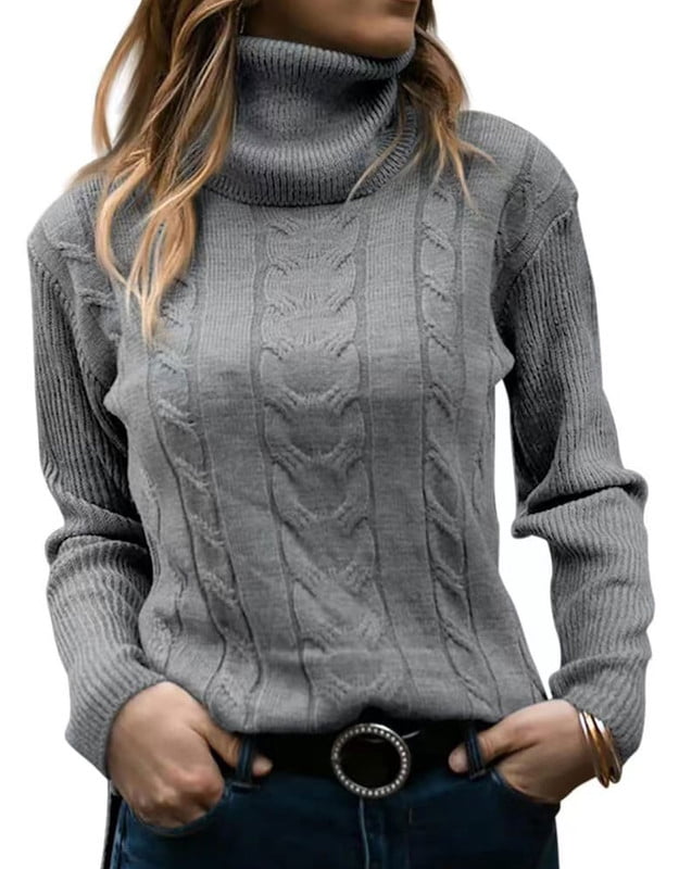 Turtleneck Sweaters for Women Basic Solid Color Long Sleeve Cable Knit ...
