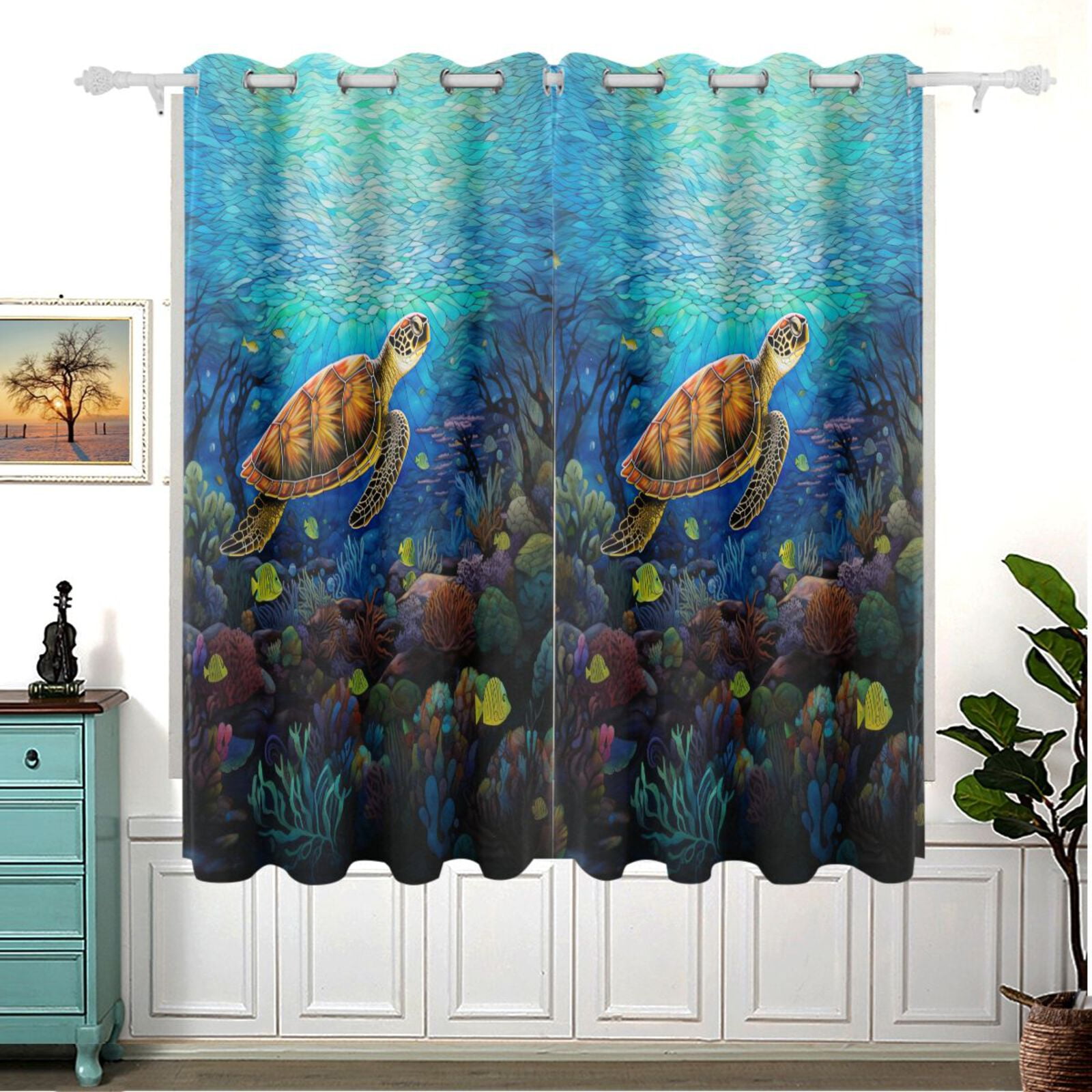 Turtles Corals Waterweed Blackout Curtain Panels 63x55in Drapes Privacy ...