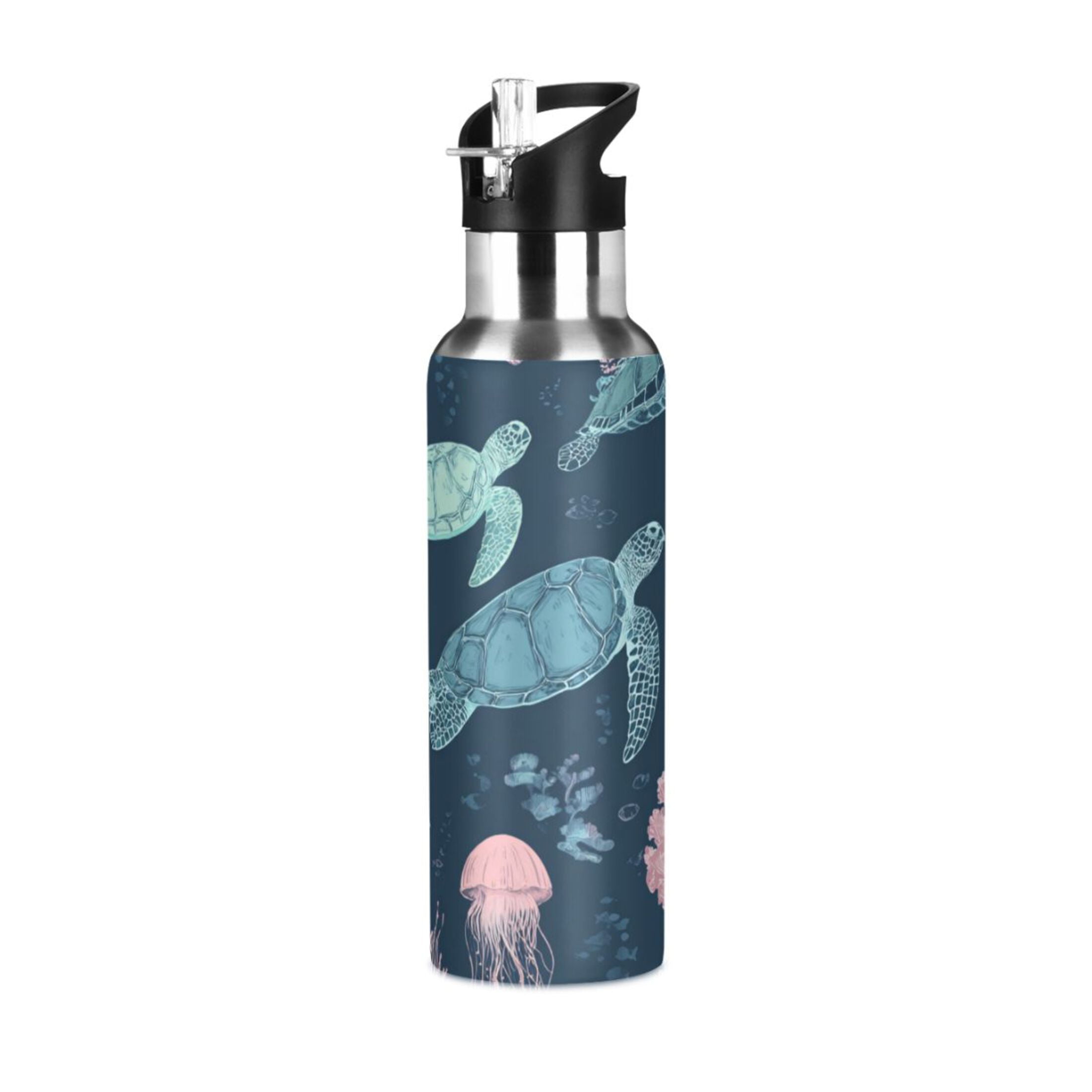 Turtles Water Plants Jellyfishes Vintage Sports Bottle with Straw ...
