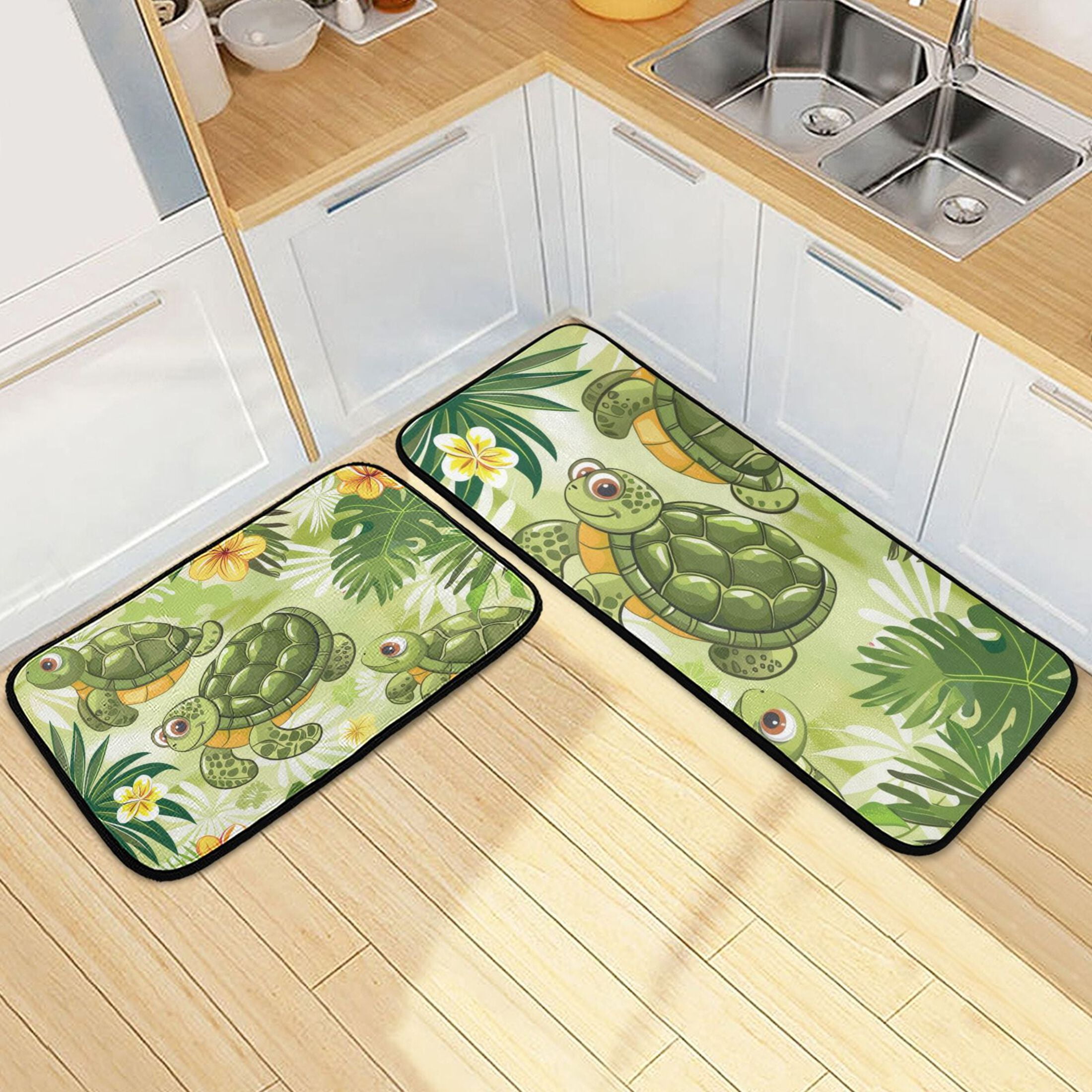 Turtles and Palm Leaves Kitchen Rugs Set of 2 Non Slip Floor Foam Mat ...
