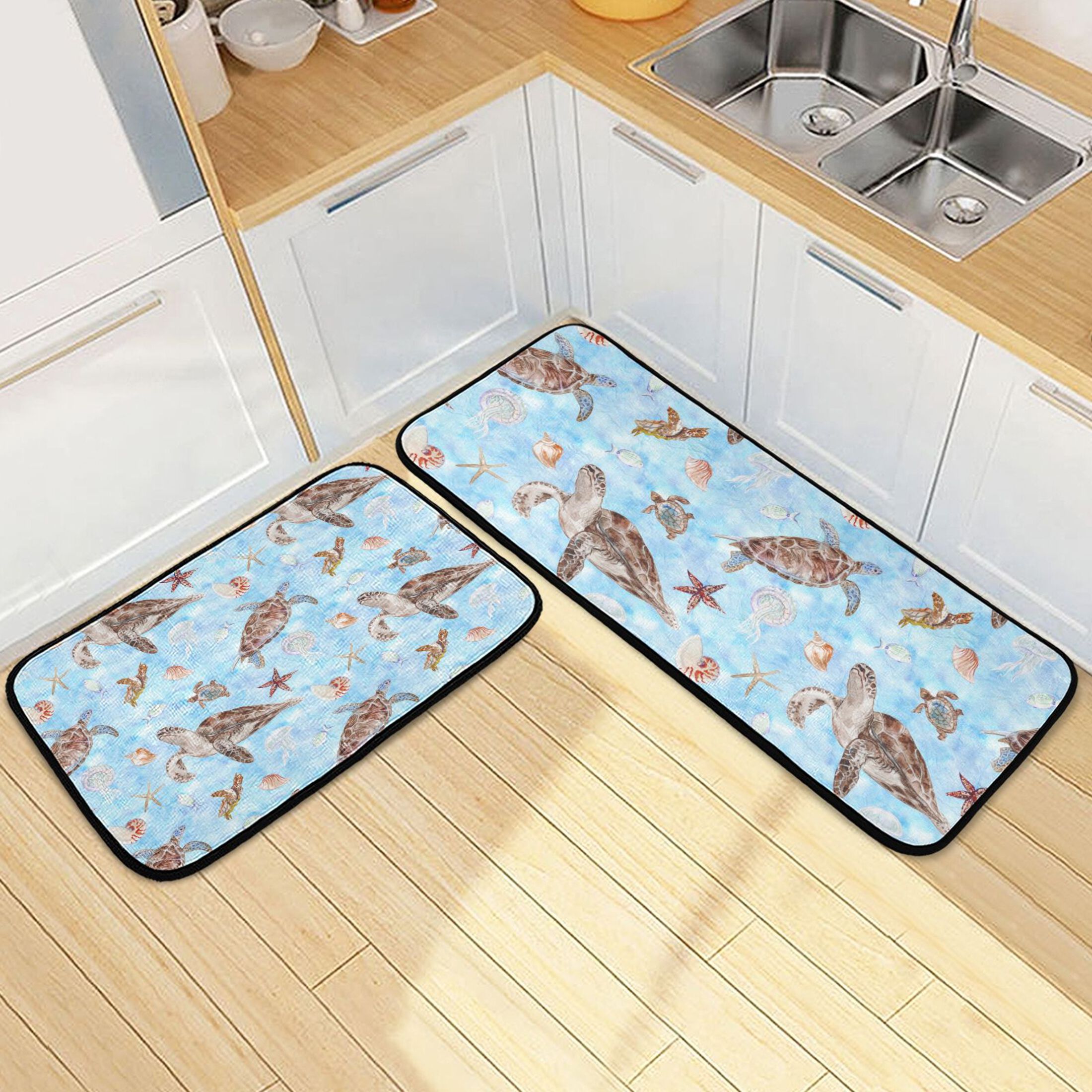 Turtles and Seashells Kitchen Rugs Set of 2 Non Slip Floor Foam Mat ...