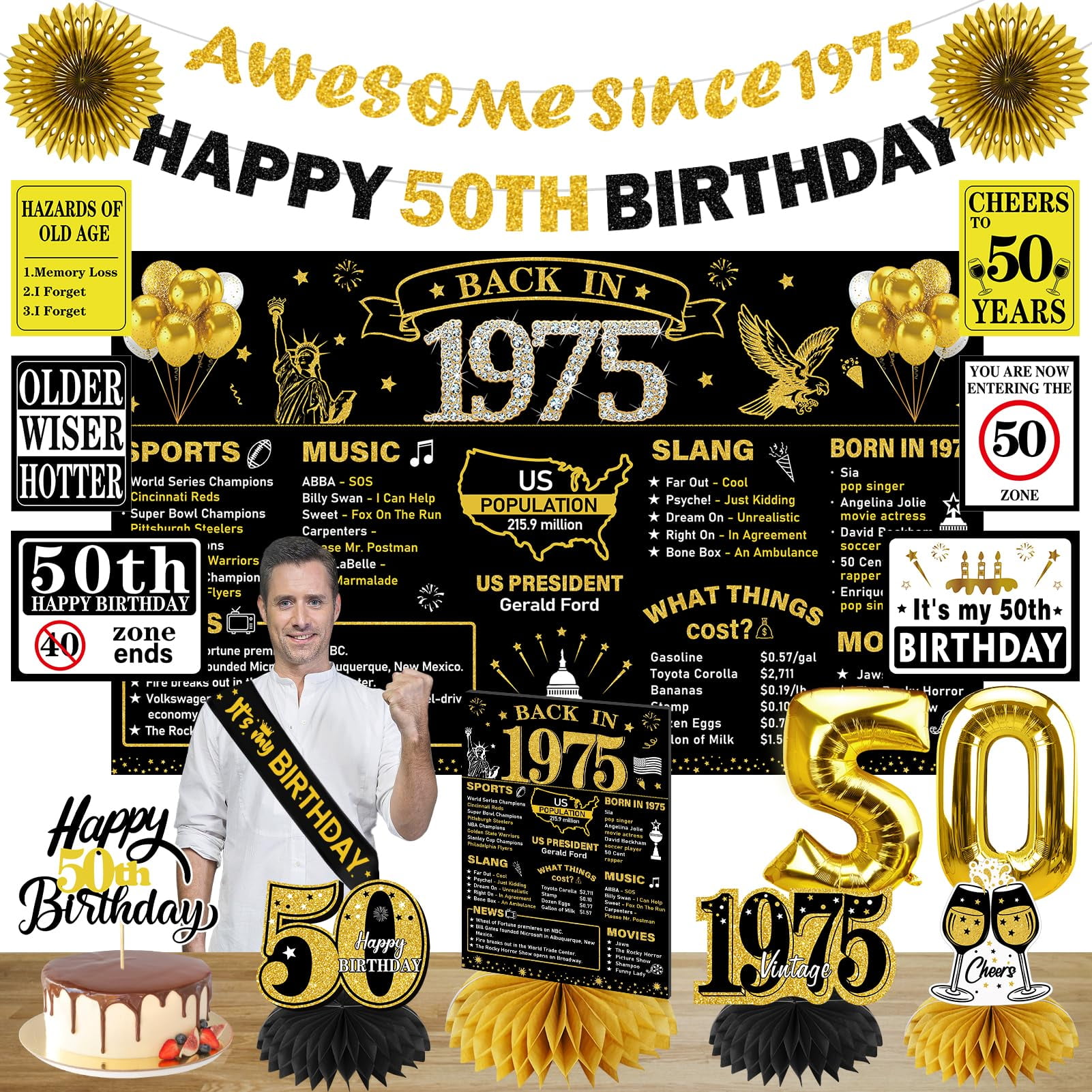 Turypaty 1975 50th Birthday SSF20 Decorations for Men Gold Happy 50 ...
