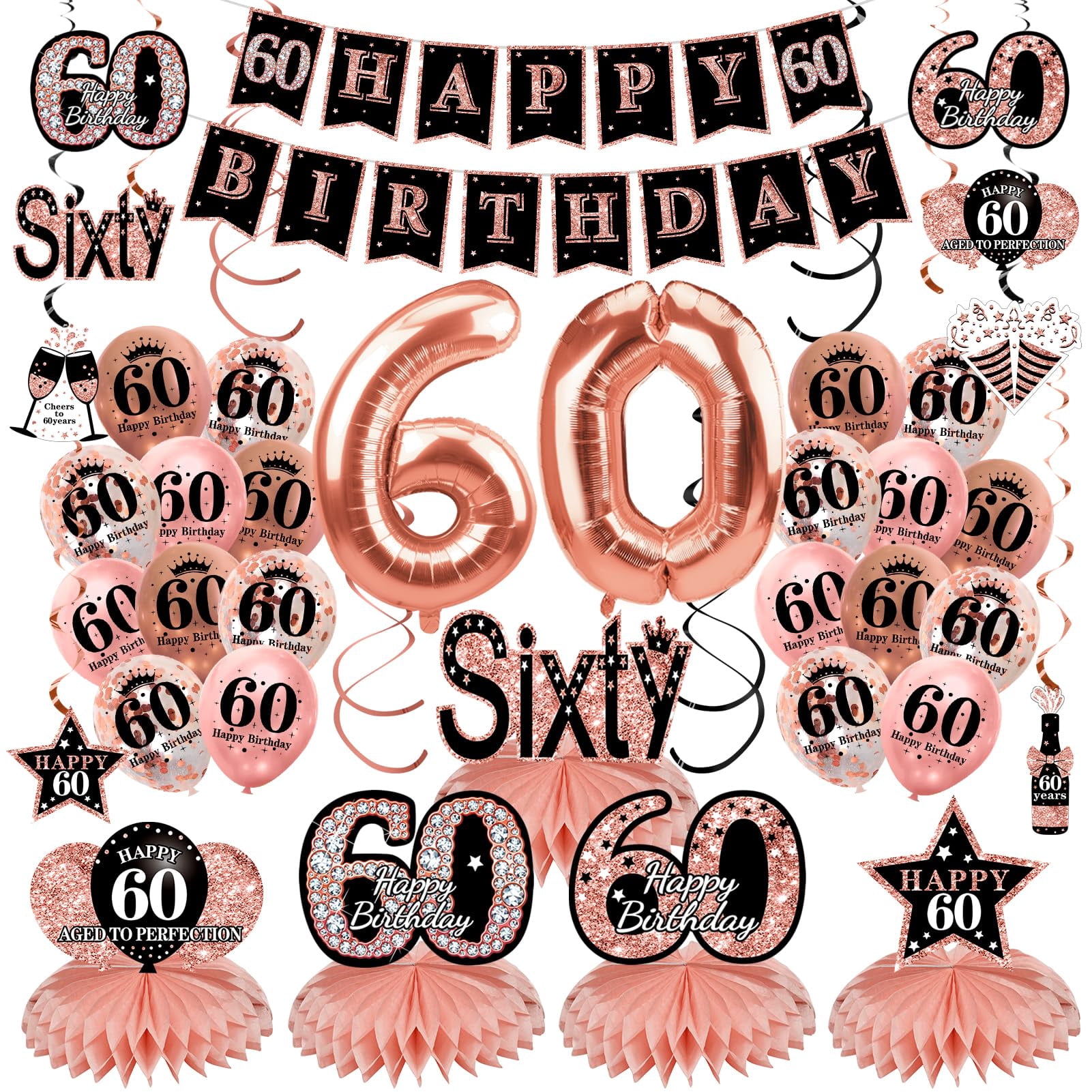 Turypaty 34Pcs 60th Birthday Decorations Kit AFN1for Women, Gold Happy ...