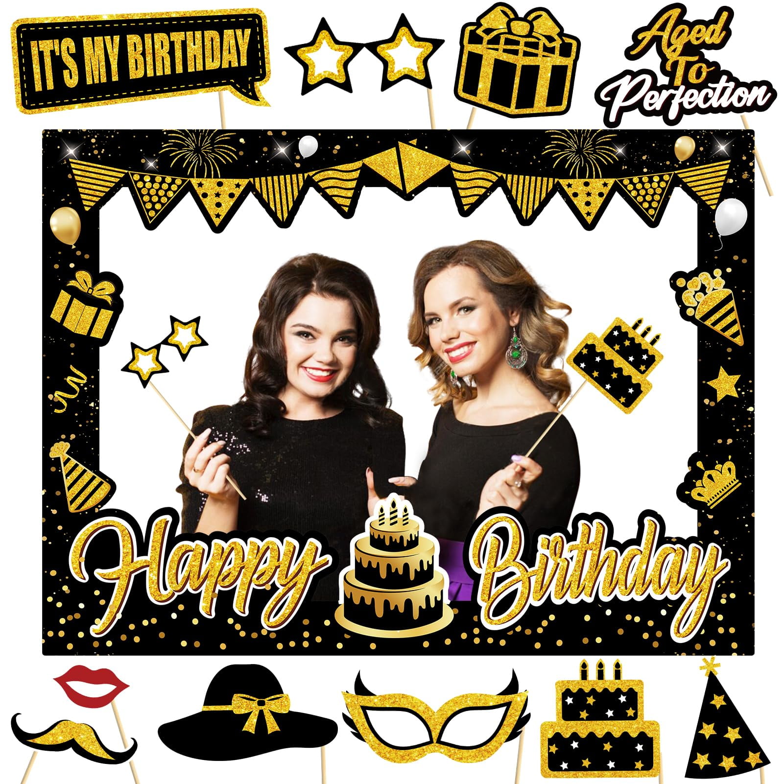 Turypaty Birthday Party Decorations for Boys SMR& Girls - Black & Gold Photo Booth Props ...