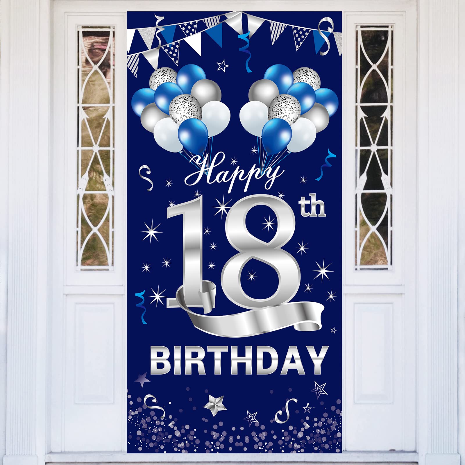 Turypaty Blue Silver 18th Birthday Door Banner Decorations, Happy 18 ...