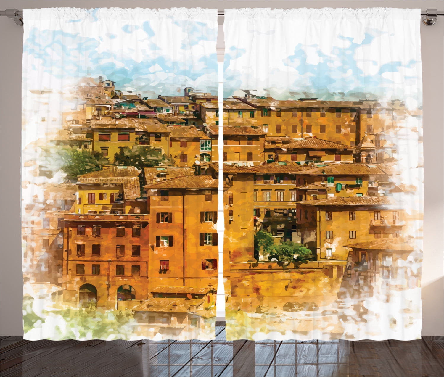 Ambesonne Retro Curtains 2 Panel Set, Historic Italian Town, 108" x 90 ...