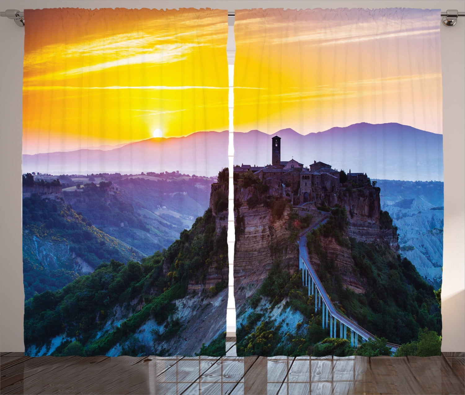 Ambesonne Italy Curtains 2 Panel Set, Historical Castle Town, 108" x 90 ...