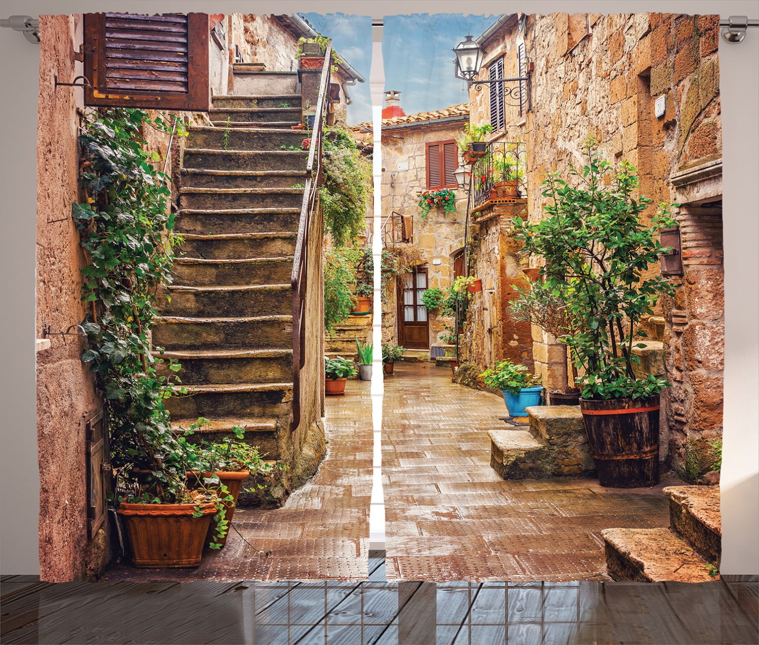 Ambesonne Italy Curtains 2 Panel Set, Old Stone Street Houses, 108" x ...