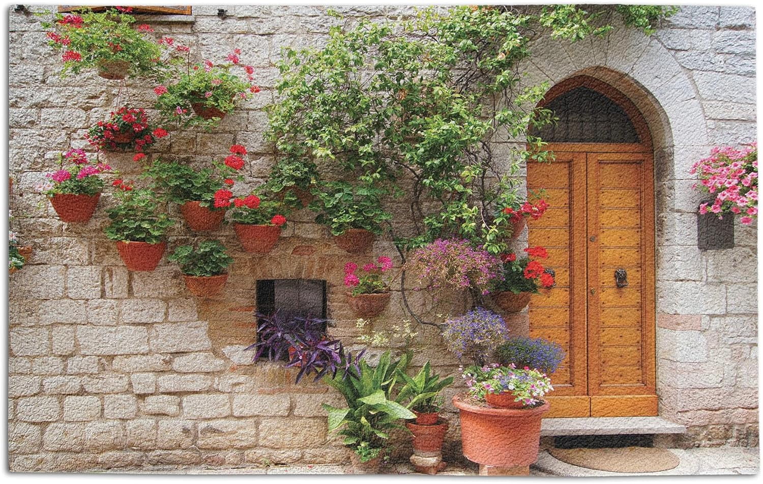 Tuscan Doormat, Begonia Blossoms in Box Window Wooden Shutters Brick ...