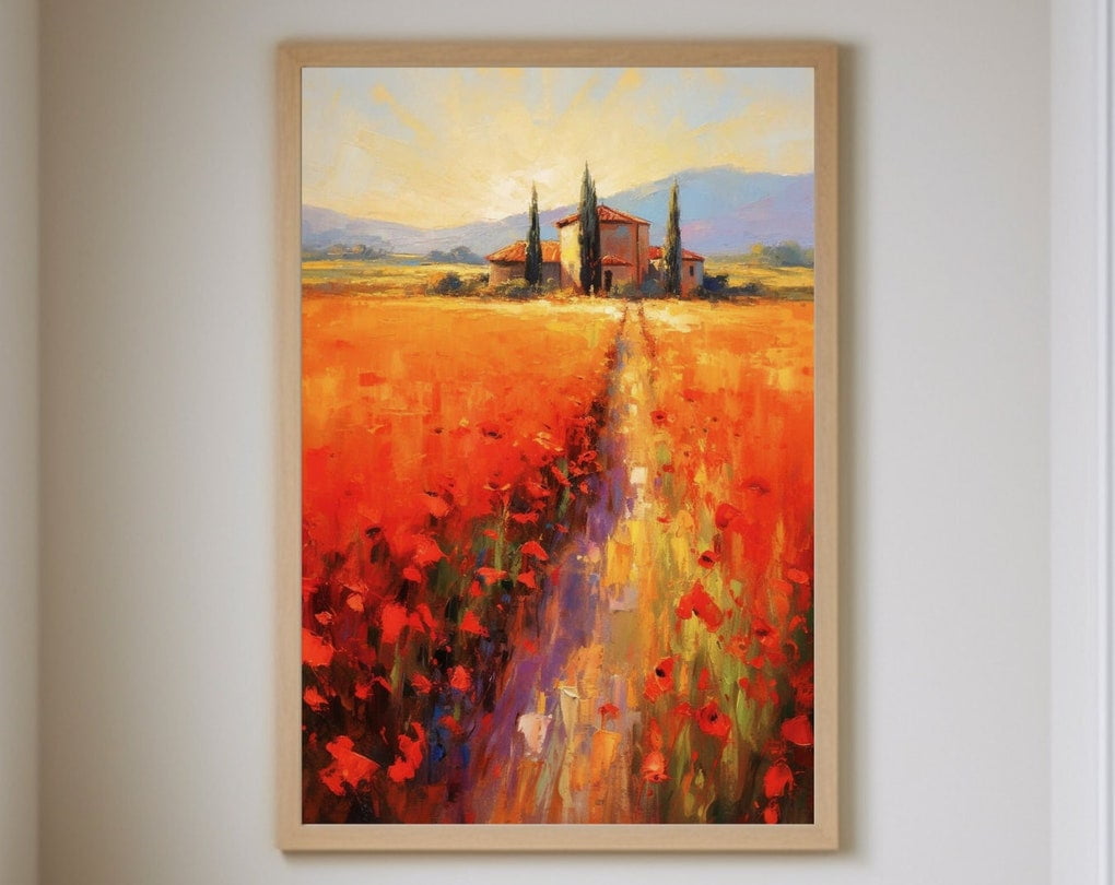 Tuscan Glow: Vivid Poppy Field Painting Art Warm Sunset Home Decor ...