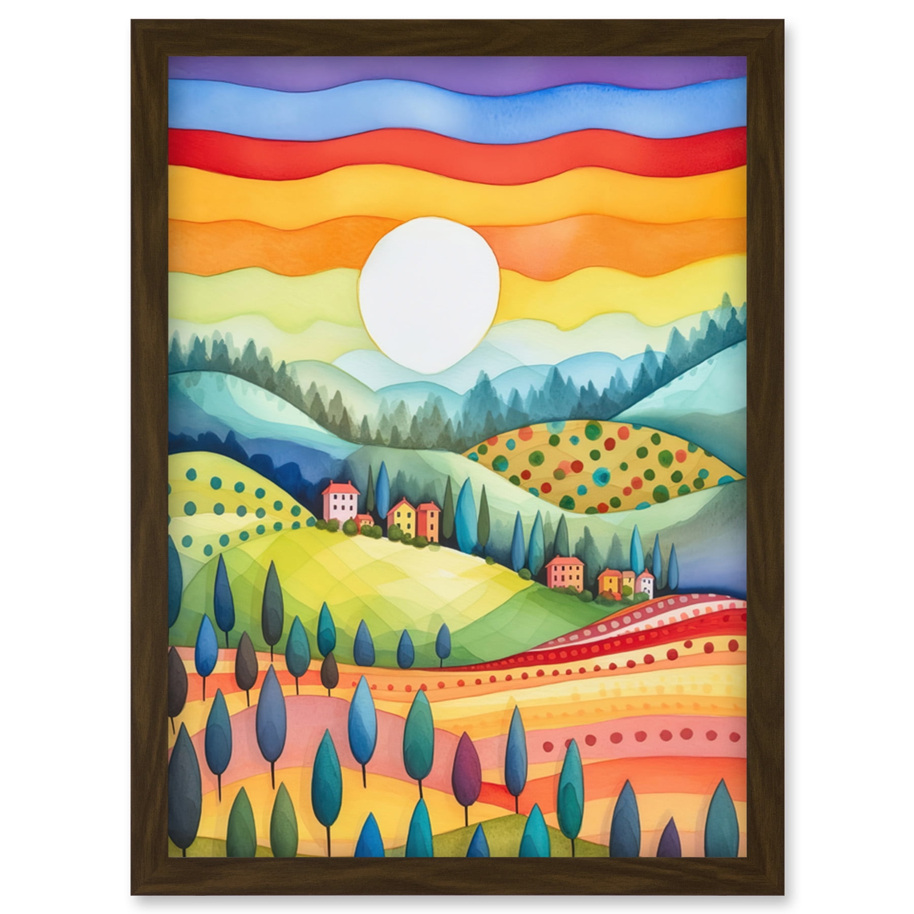 Tuscan Rolling Hills At Sunrise Abstract Folk Art Artwork Framed Wall ...