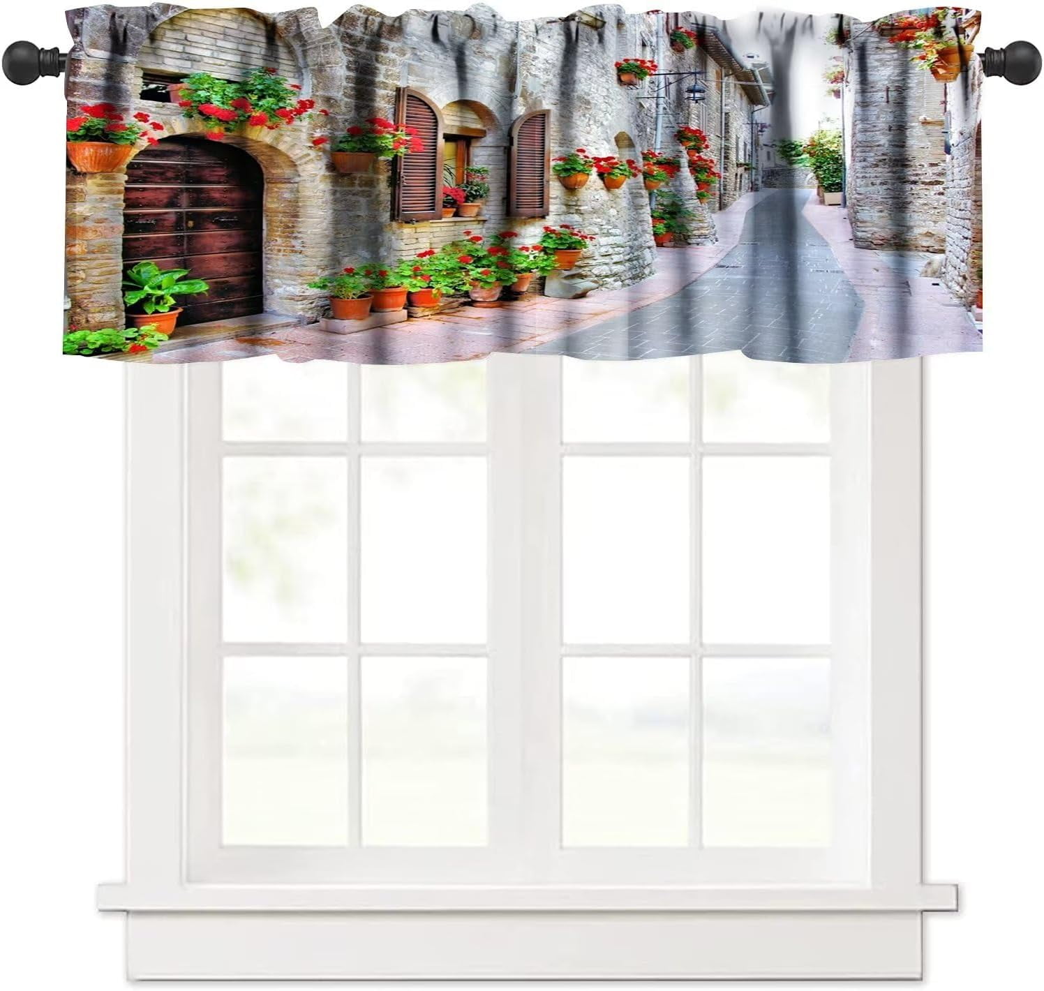 Tuscan Valance Curtain Porch with Colorful Flowers at an Old Street in ...