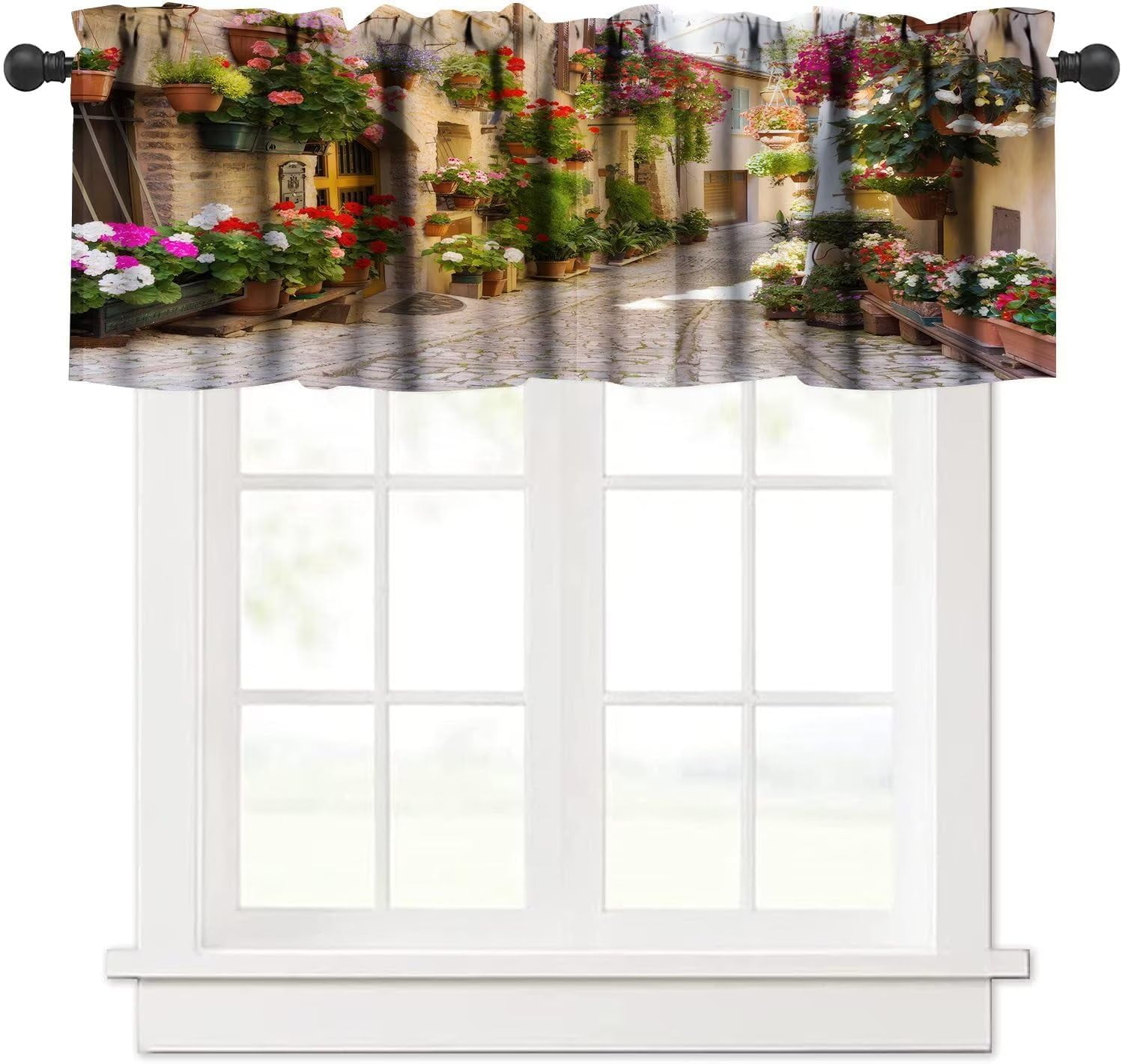 Tuscan Valance Curtain Porch with Colorful Flowers at an Old Street in ...