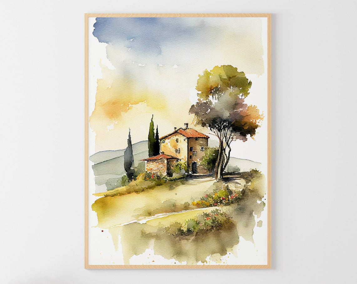 Tuscany Cottage Italian Landscape Green Hills Cottage Art Poster ...