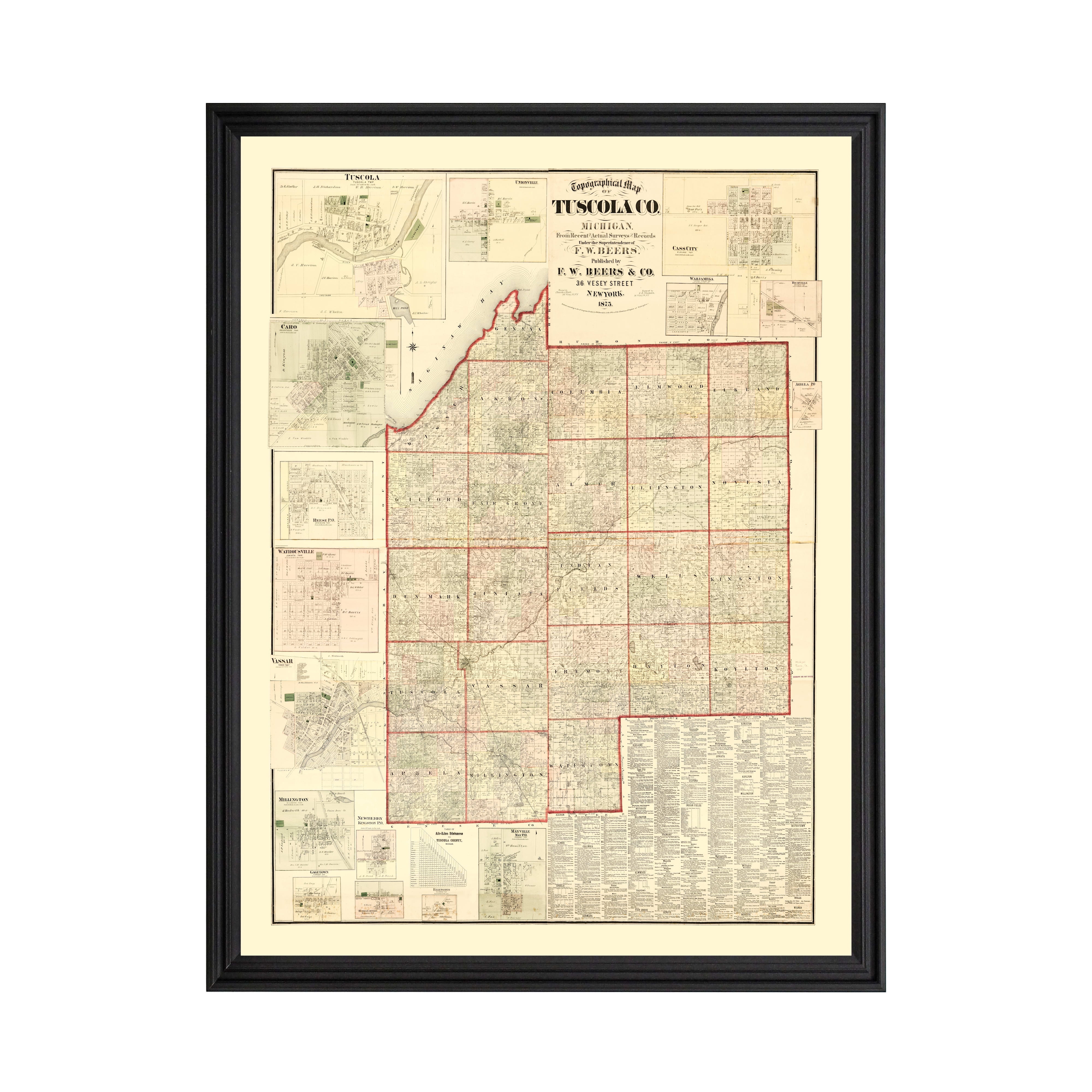 Tuscola County Michigan Art, 1875 Vintage Map of Tuscola County MI ...