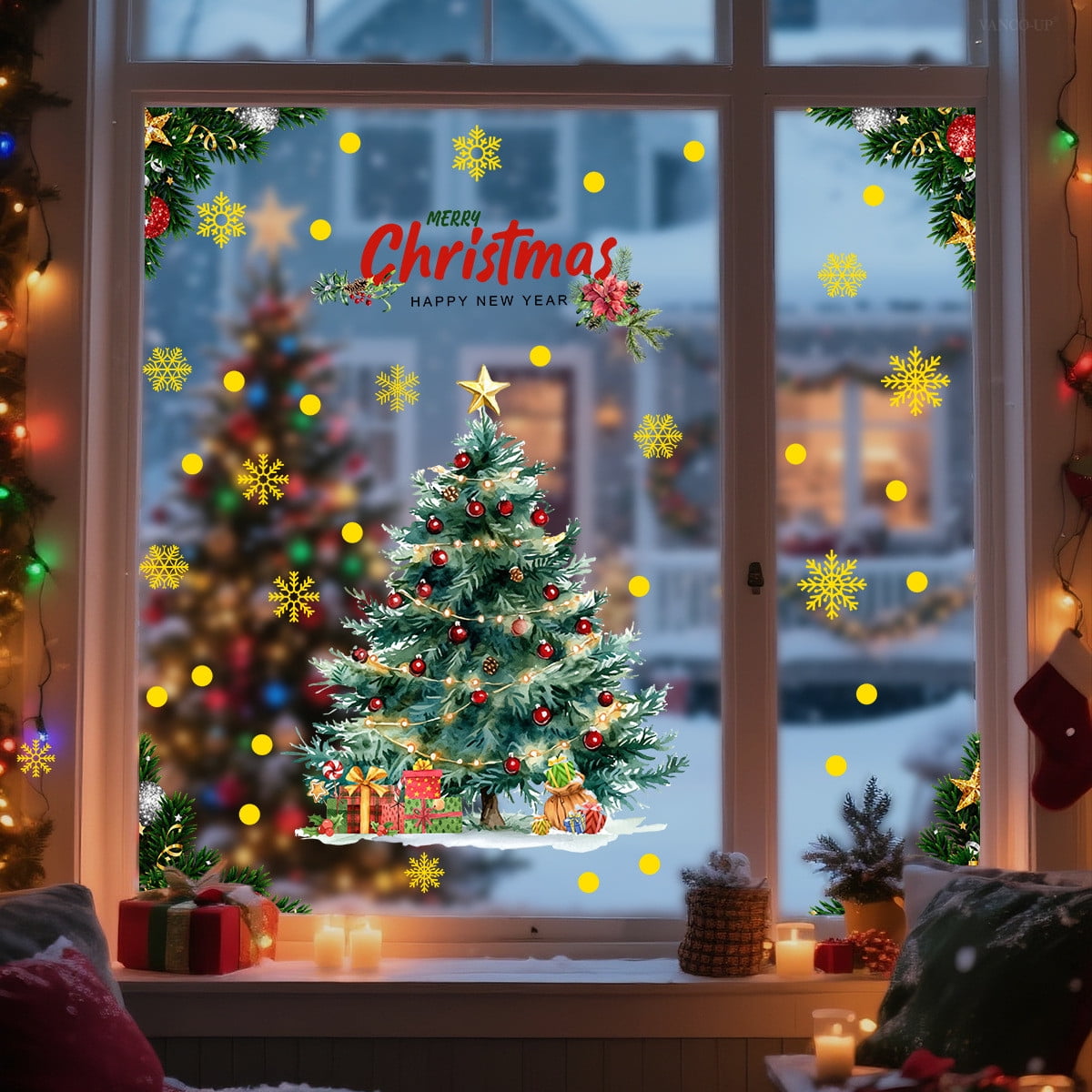 Tuscom Christmas Window Decals with LED Lights, 3D Snow Village Scene ...