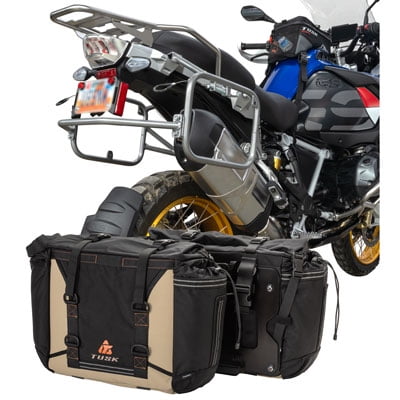 Tusk Pannier Racks With Olympus Pannier Bags Black/Tan w/ Silver Racks ...