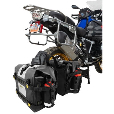 Tusk Pannier Racks with Nelson Rigg Hurricane Dry Saddlebags Silver ...