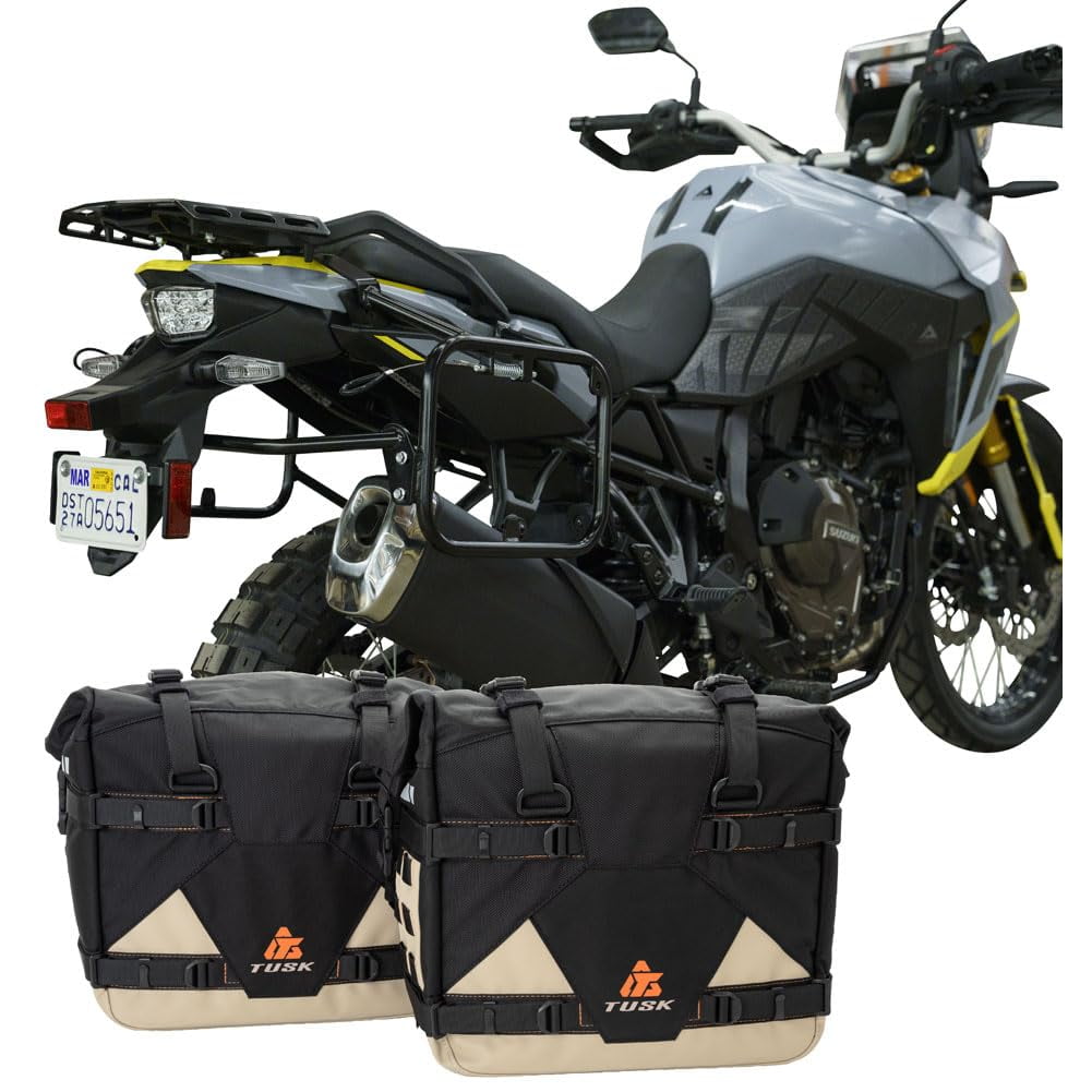 Tusk Pannier Racks with Tusk Pilot Pannier Bags Black/Tan For Suzuki V ...