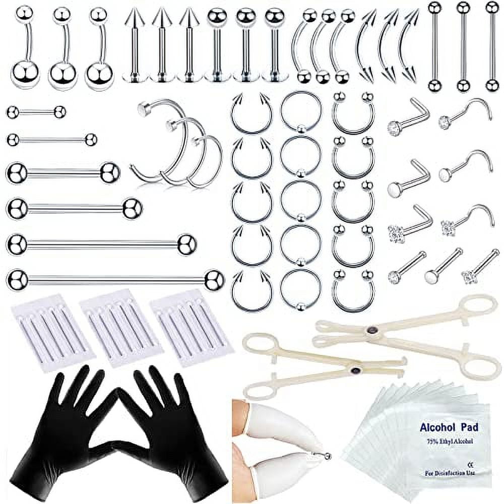Tustrion 80PCS Nose Piercing Kit for All Body Piercings Stainless Steel ...