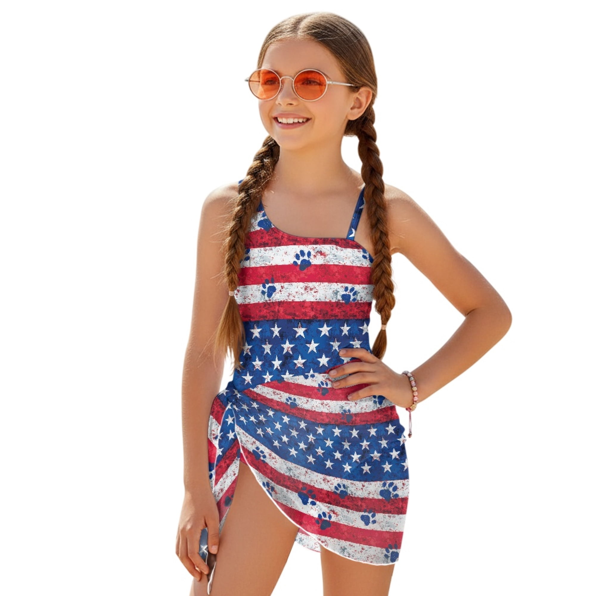 Tutolipy American Flag Paw Print Girls' One Piece Swimsuit with Cover ...