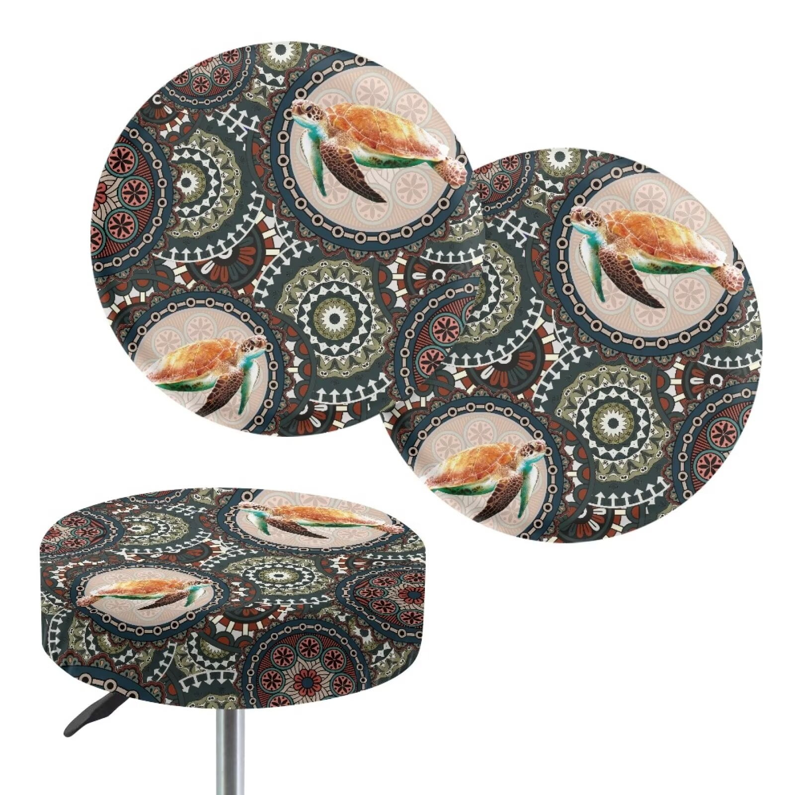 Tutolipy Bar Stool Seat Cover Set of 2, Boho Turtle Print Round Stool ...