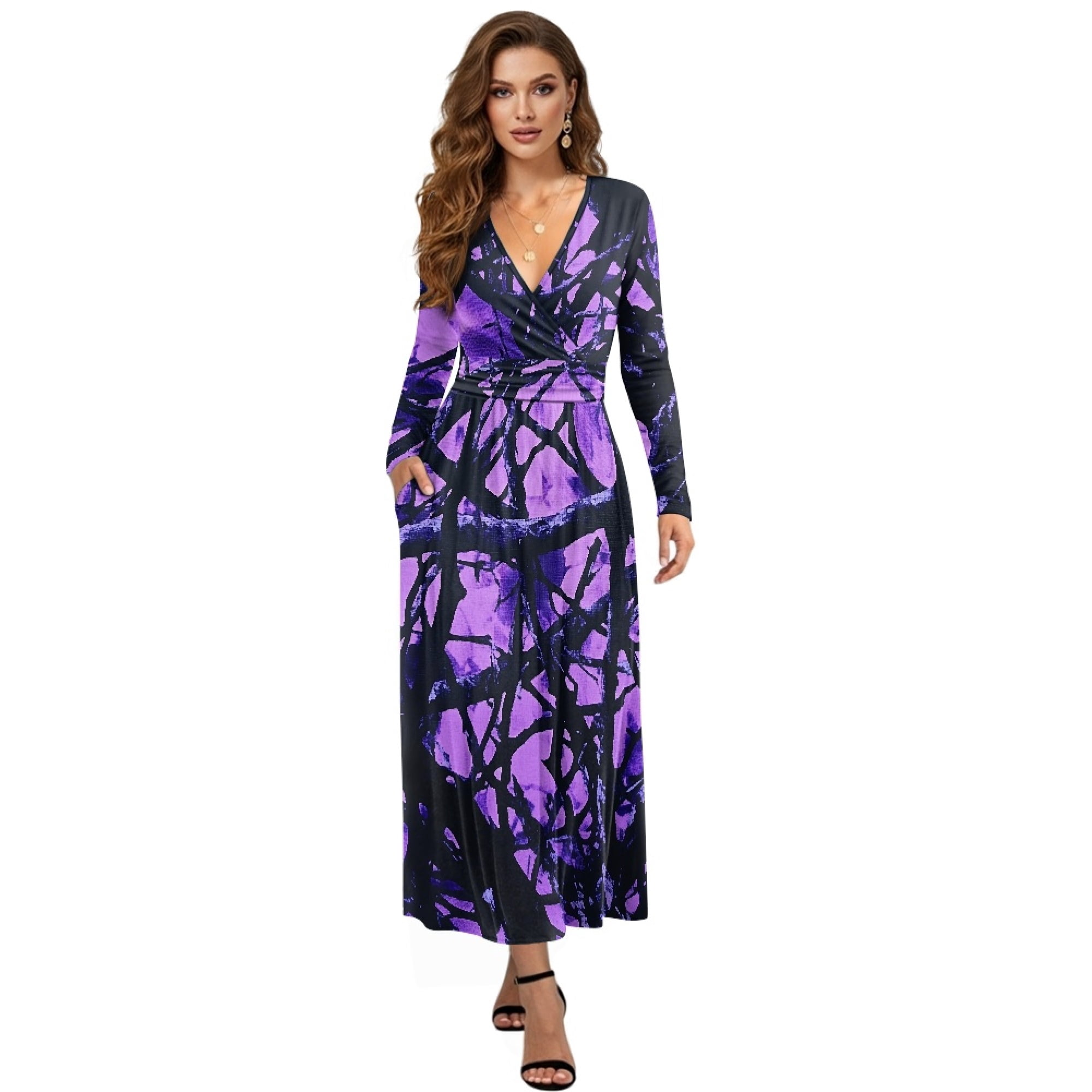 Tutolipy Branch Printed Dresses for Women Long Sleeve Midi Dress V Neck ...