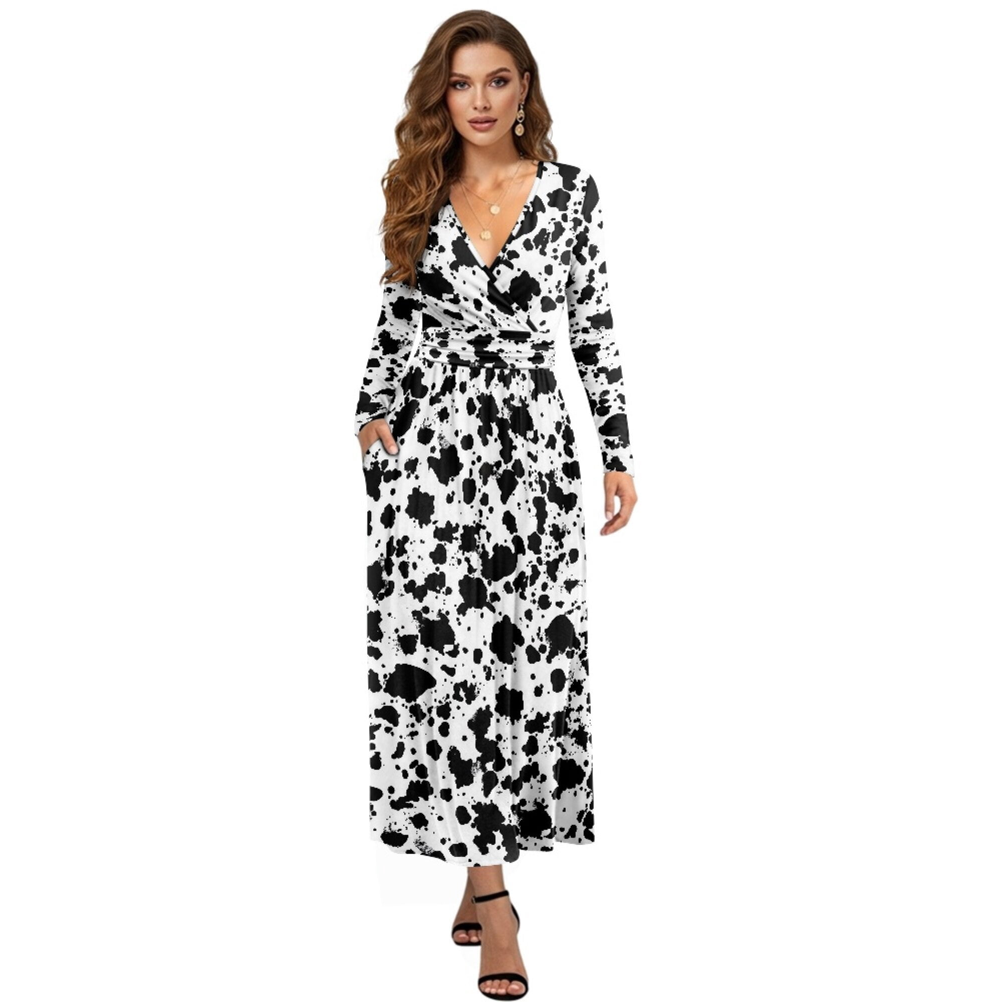 Tutolipy Cow Print Dresses for Women Long Sleeve Midi Dress V Neck A ...