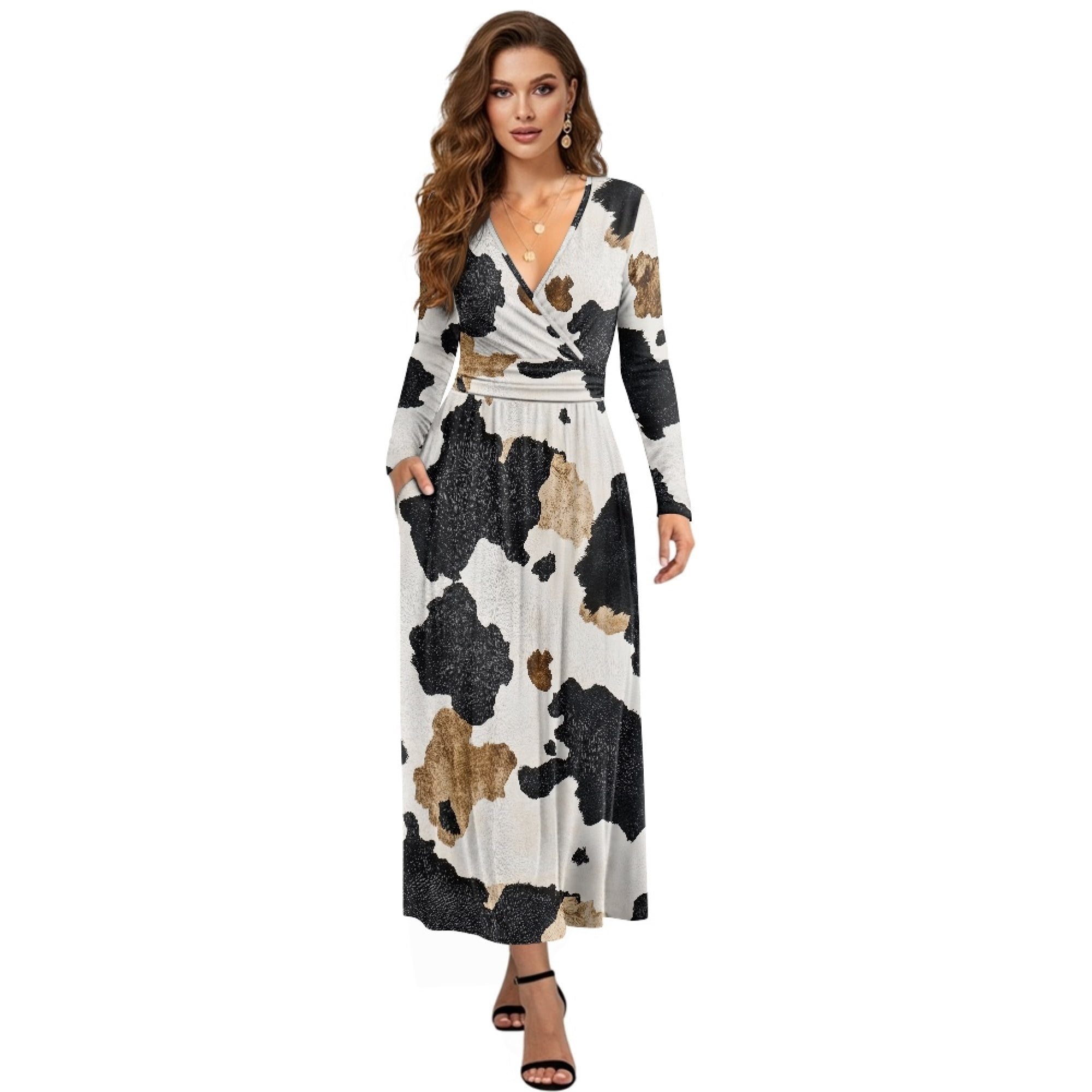Tutolipy Cow Print Midi Dresses for Women Long Sleeve Dress Ruffle ...