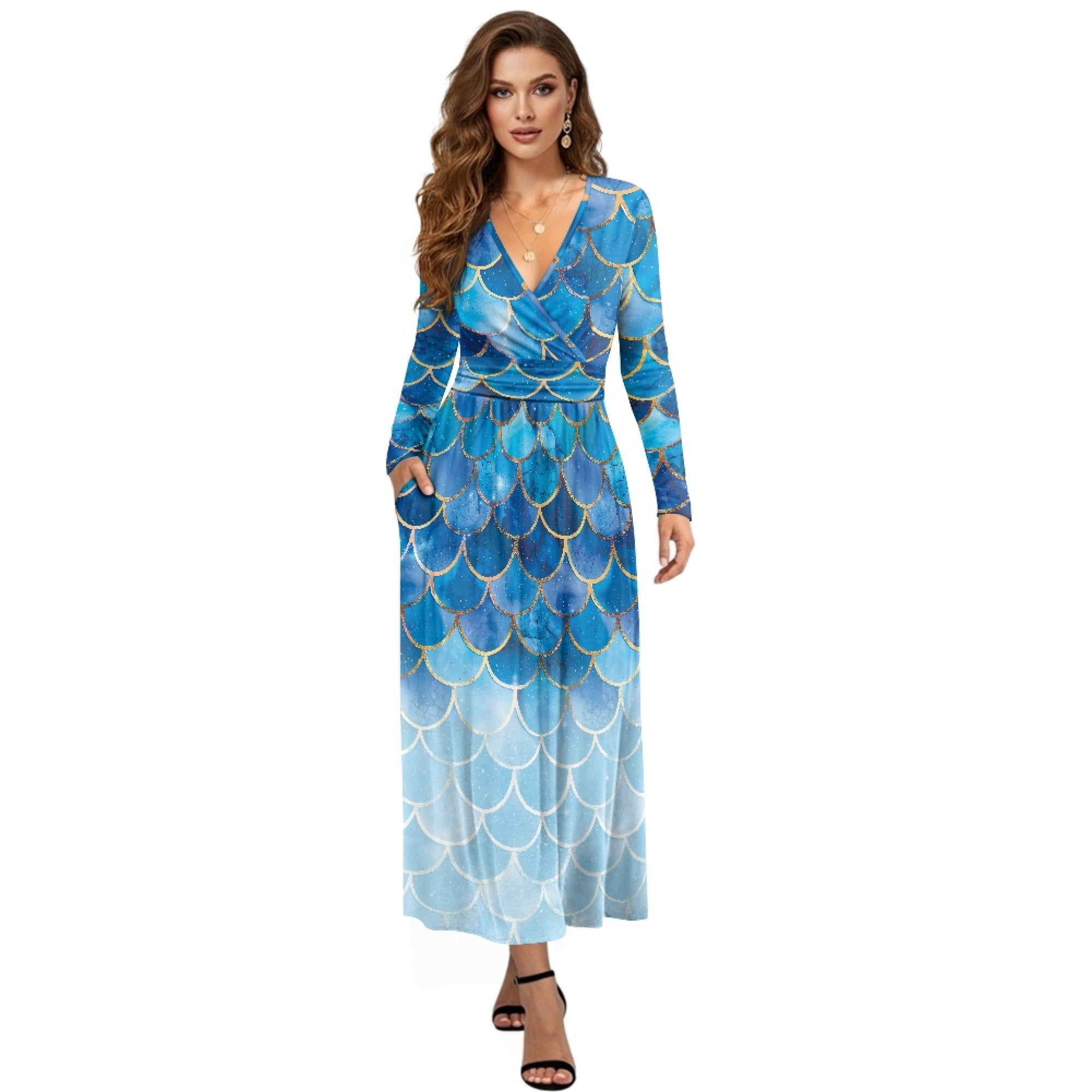 Tutolipy Fish Scale Printed Dresses for Women Casual Midi Dress V Neck ...