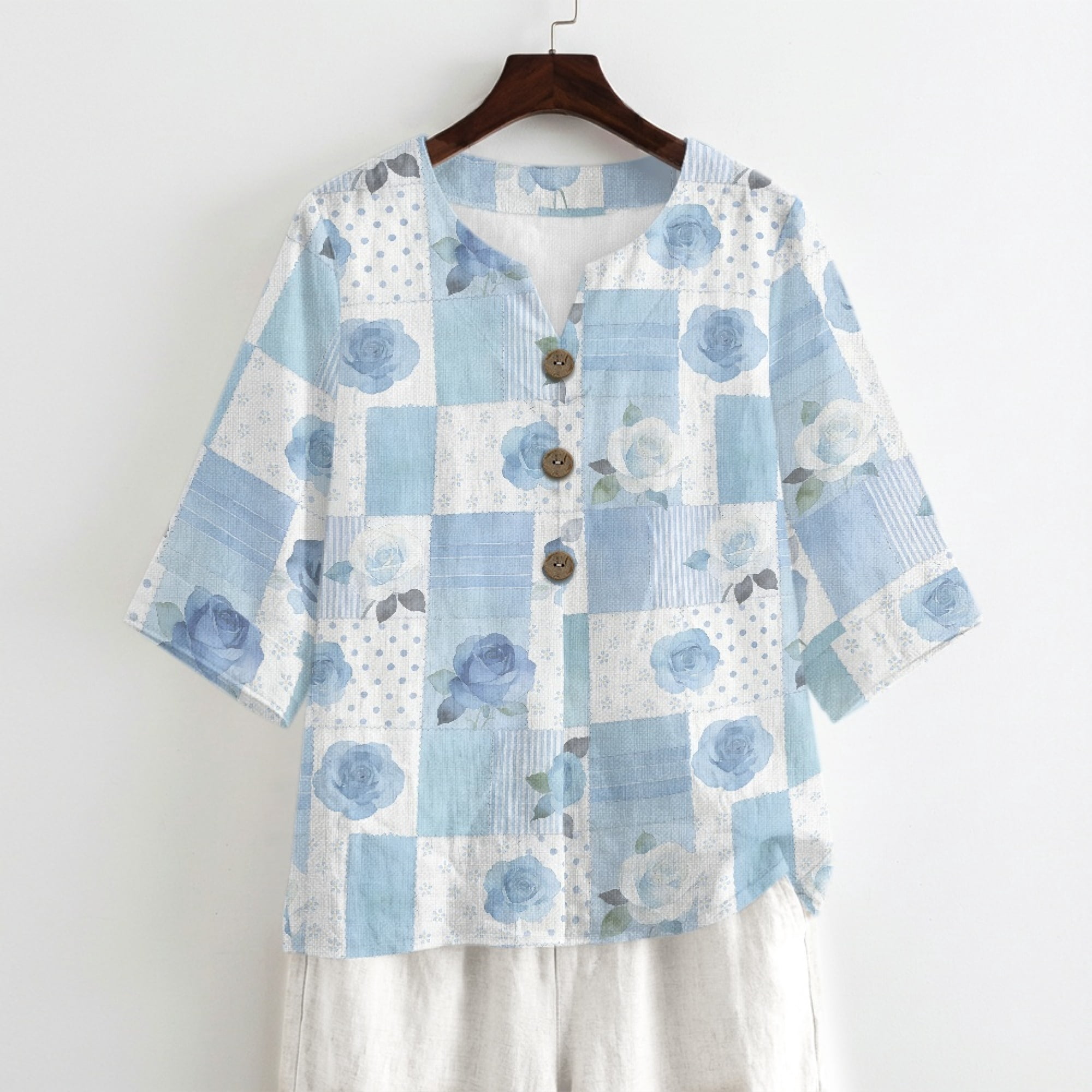 Tutolipy Linen-Style Women's Linen Look Shirt, Blue Floral Pattern Non ...