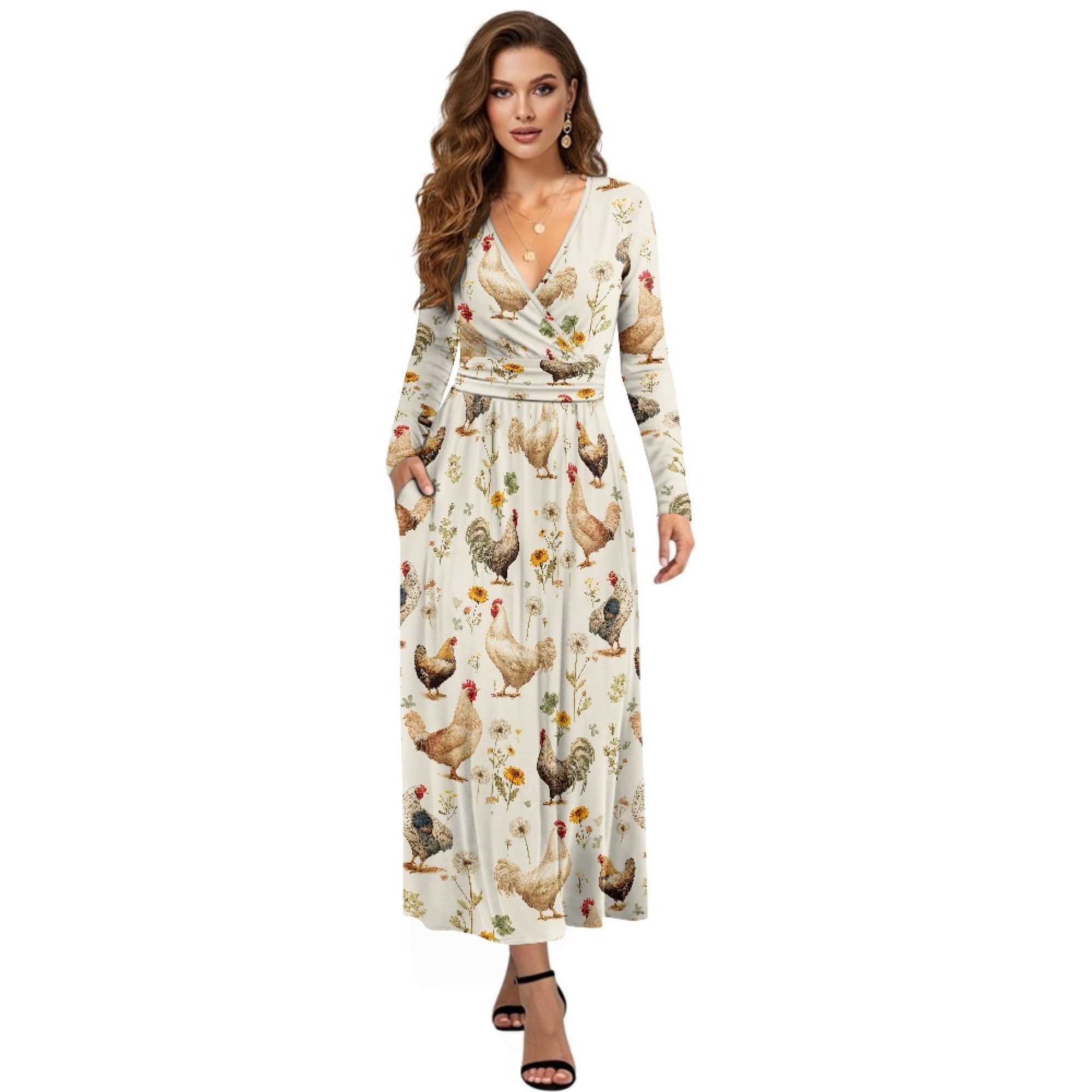 Tutolipy Rooster Floral Printed Womens Dresses Long Sleeve Midi Dress ...