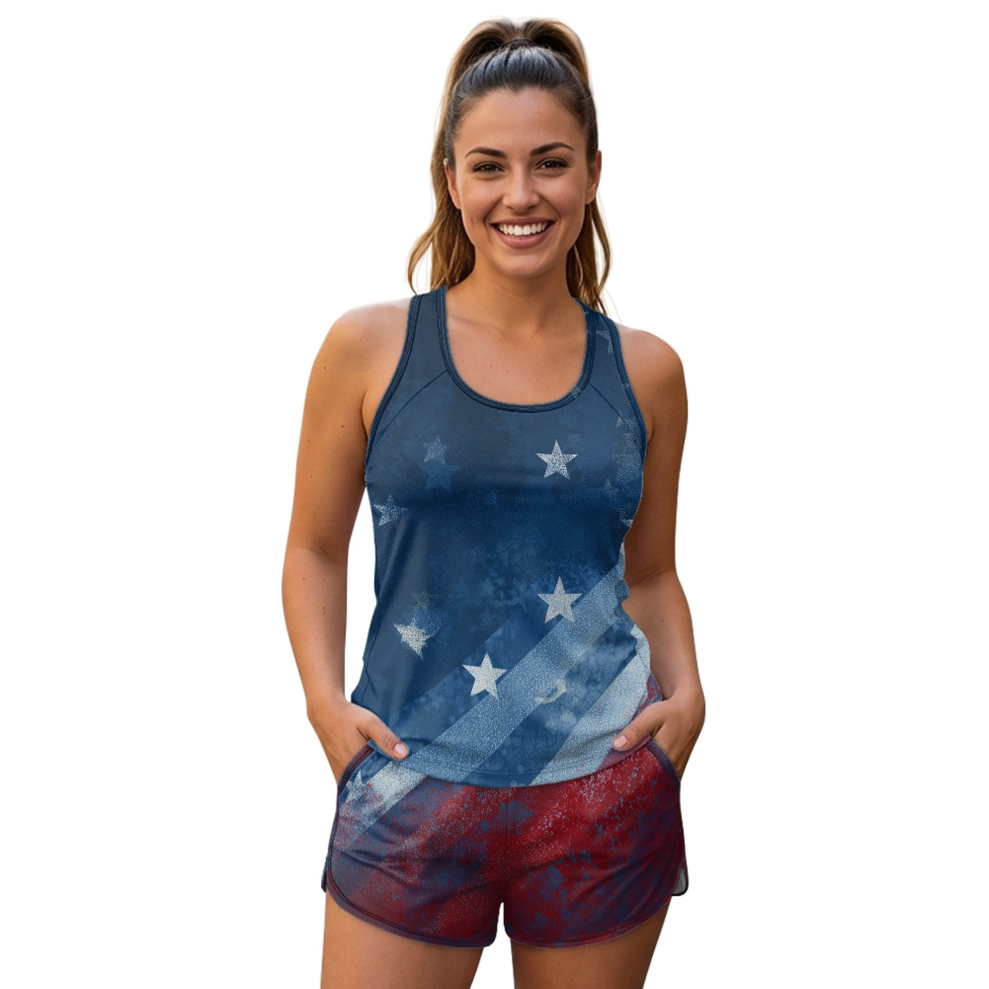 Tutolipy Women's Tank Top Shorts Set, Red White Blue Star Bathing Suit ...