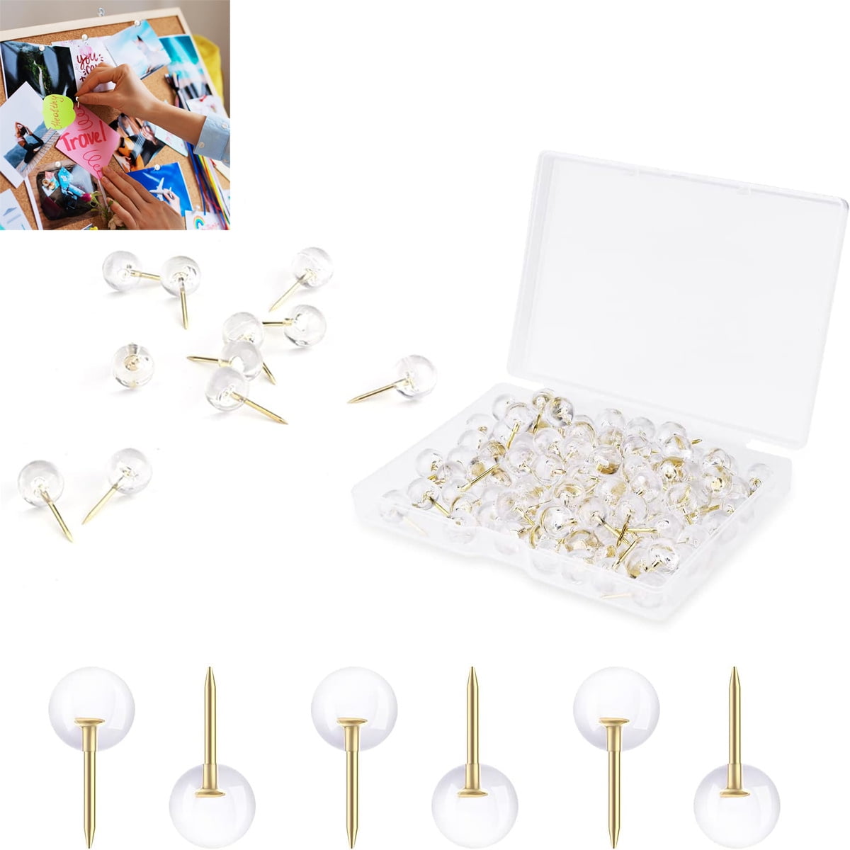 Tutuviw 100 Pcs 0.4in Round Head Map Tacks, Transparent Plastic Ball ...
