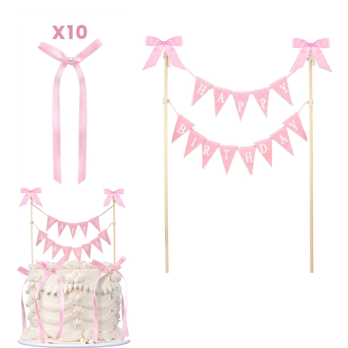Tutuviw 11 Pcs Bow Ribbon Cake Topper Happy Birthday Cake Bunting ...
